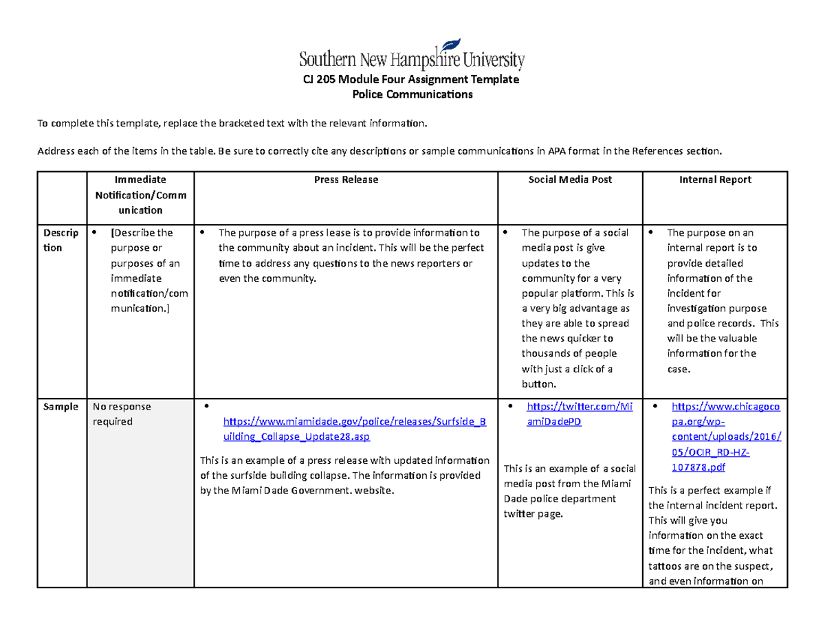CJ 205 Module Four: Police Communication Assignment Template - Studocu