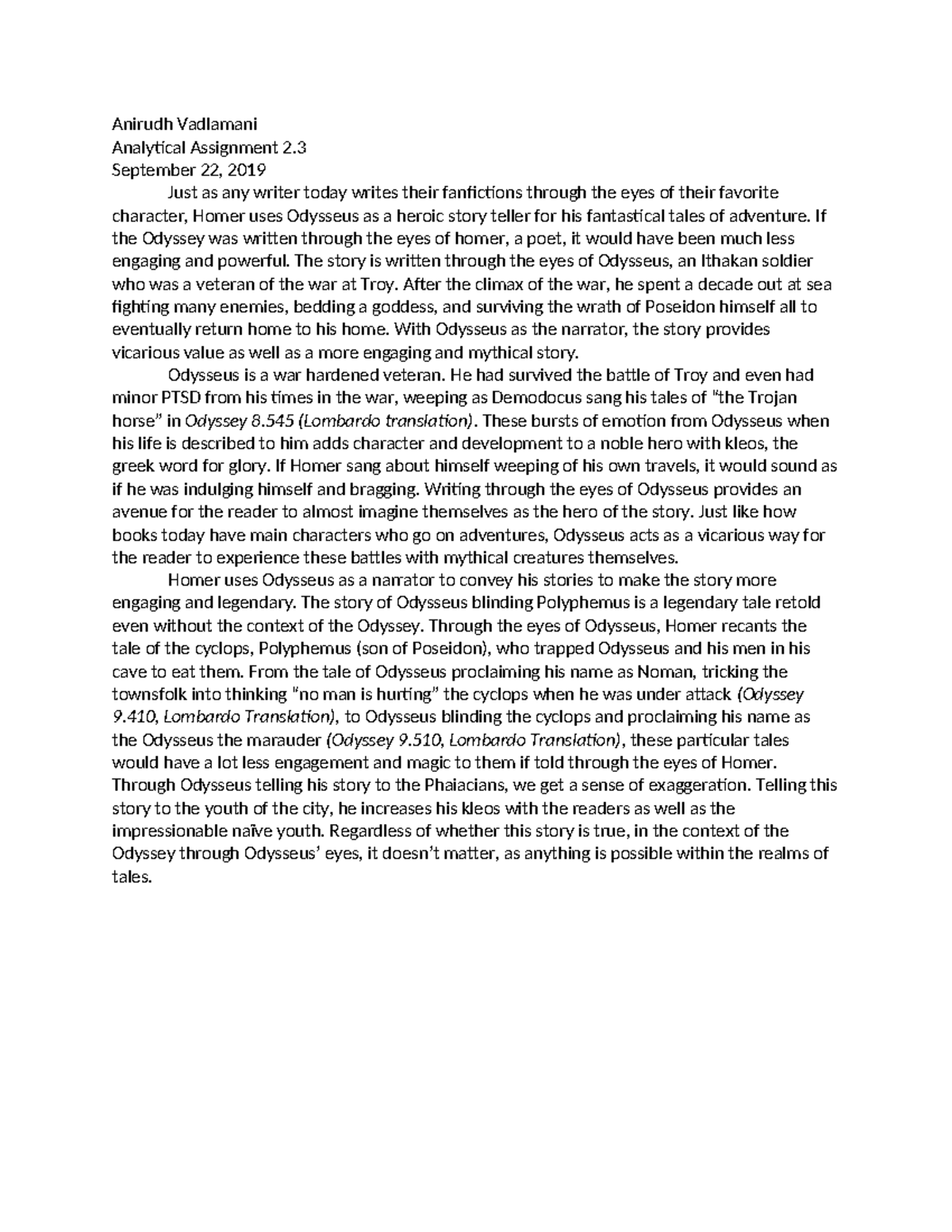 Analytical Assignment 2: The Heroic Perspective of Odysseus in the ...