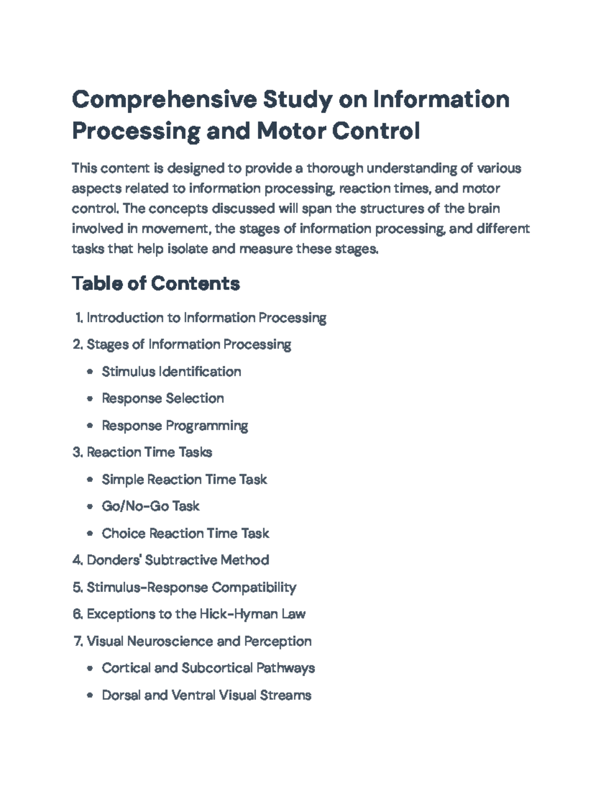 Comprehensive Overview of Information Processing and Motor Control ...