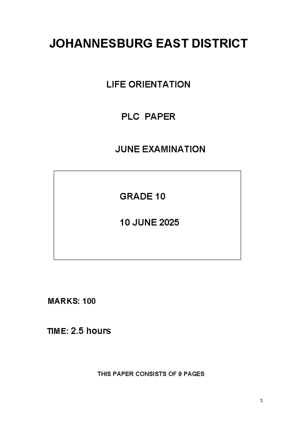 Grade 10 Life Orientation PLC June Exam Paper 2025 - Studocu