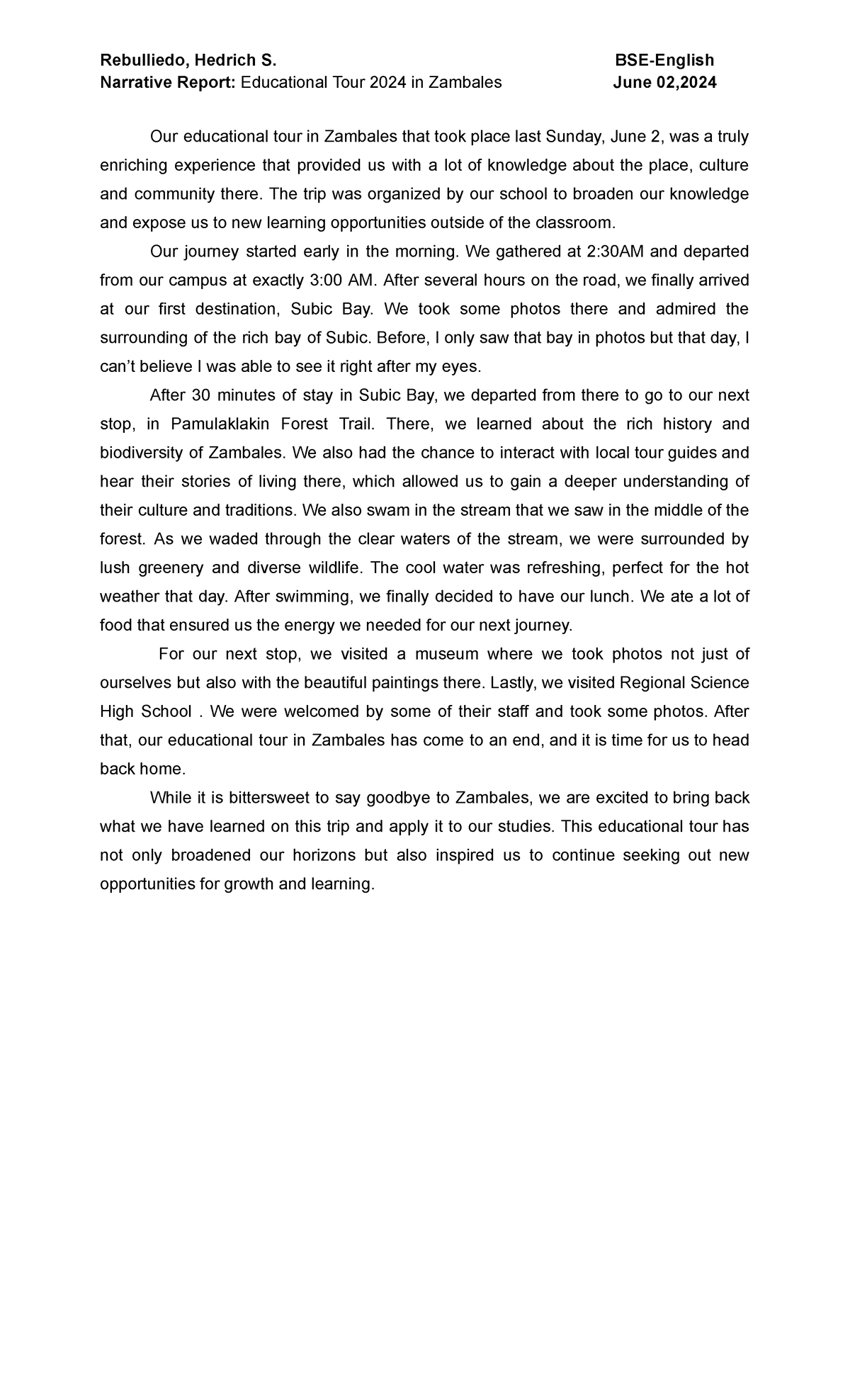 Narrative Report on Educational Tour-2024-BSE-English-Zambales - Studocu