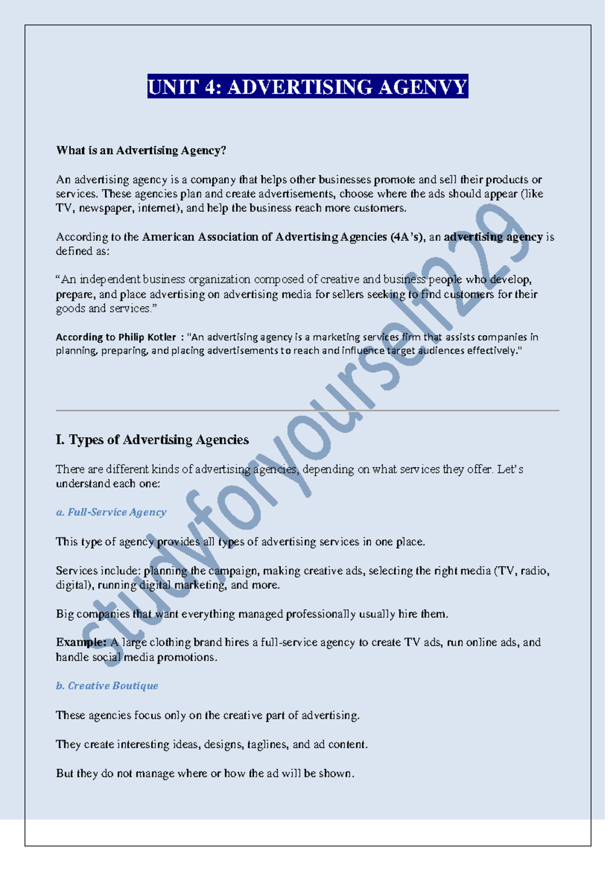 UNIT 4: Advertising Agencies - Types, Roles, and Selection Criteria ...