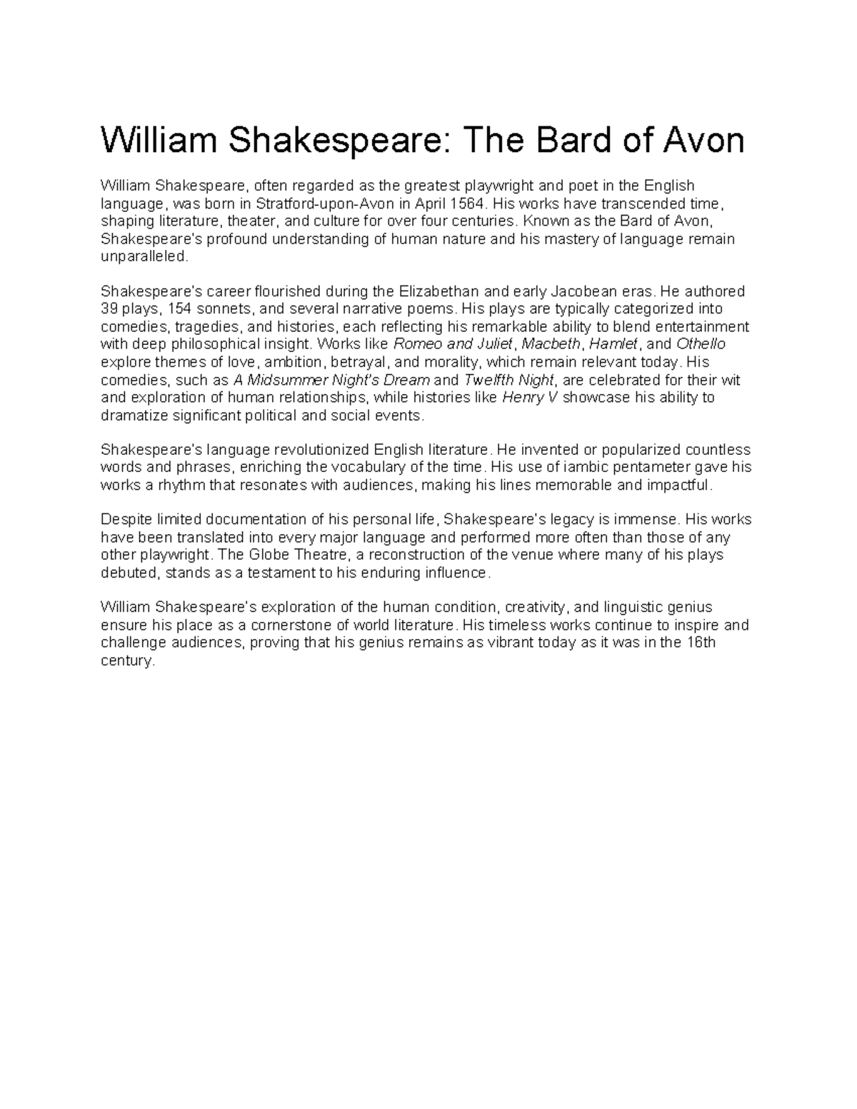 Shakespeare: The Bard of Avon and His Timeless Legacy in Literature ...