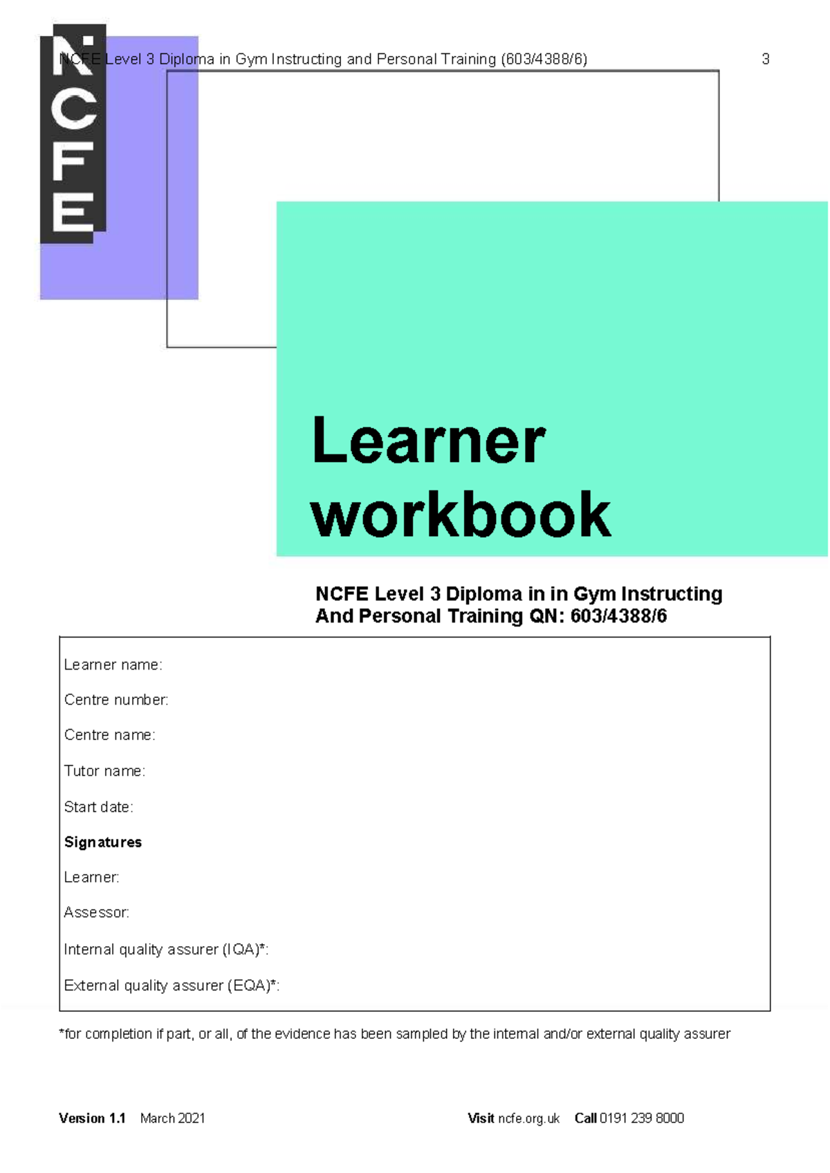 NCFE Level 3 Diploma in Gym Instructing: Unit 1 Learner Workbook - Studocu