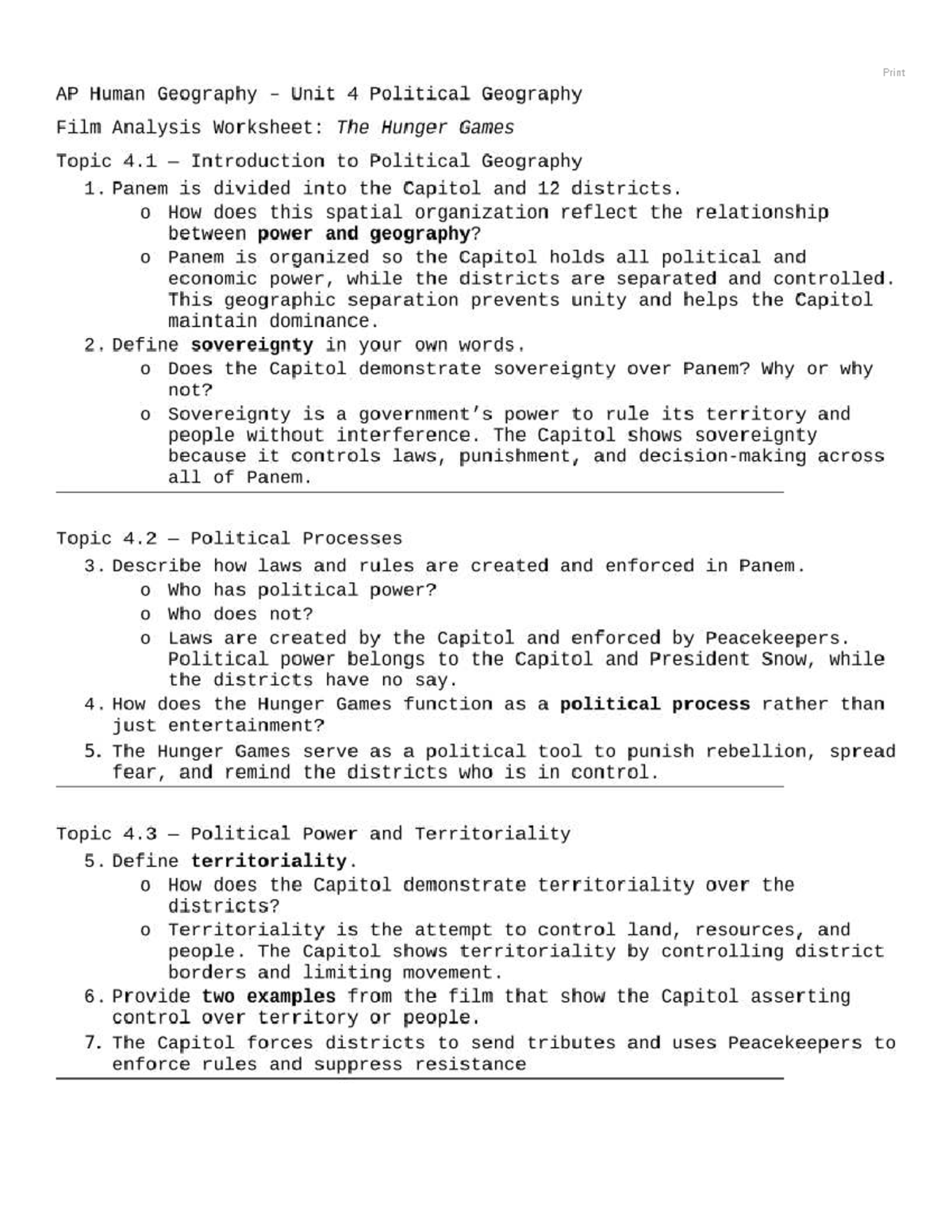 AP Human Geography Unit 4: Political Geography & The Hunger Games ...