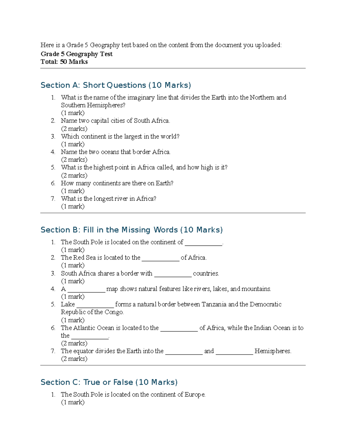 Grade 5 Geography Test: Physical Features of Africa (SA Focus) - Studocu
