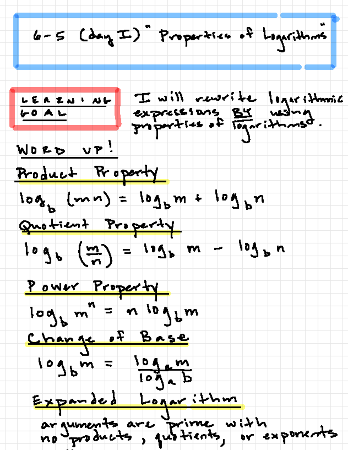 Properties of Logarithms and Their Expressions - Math Notes - 6- 5 ...