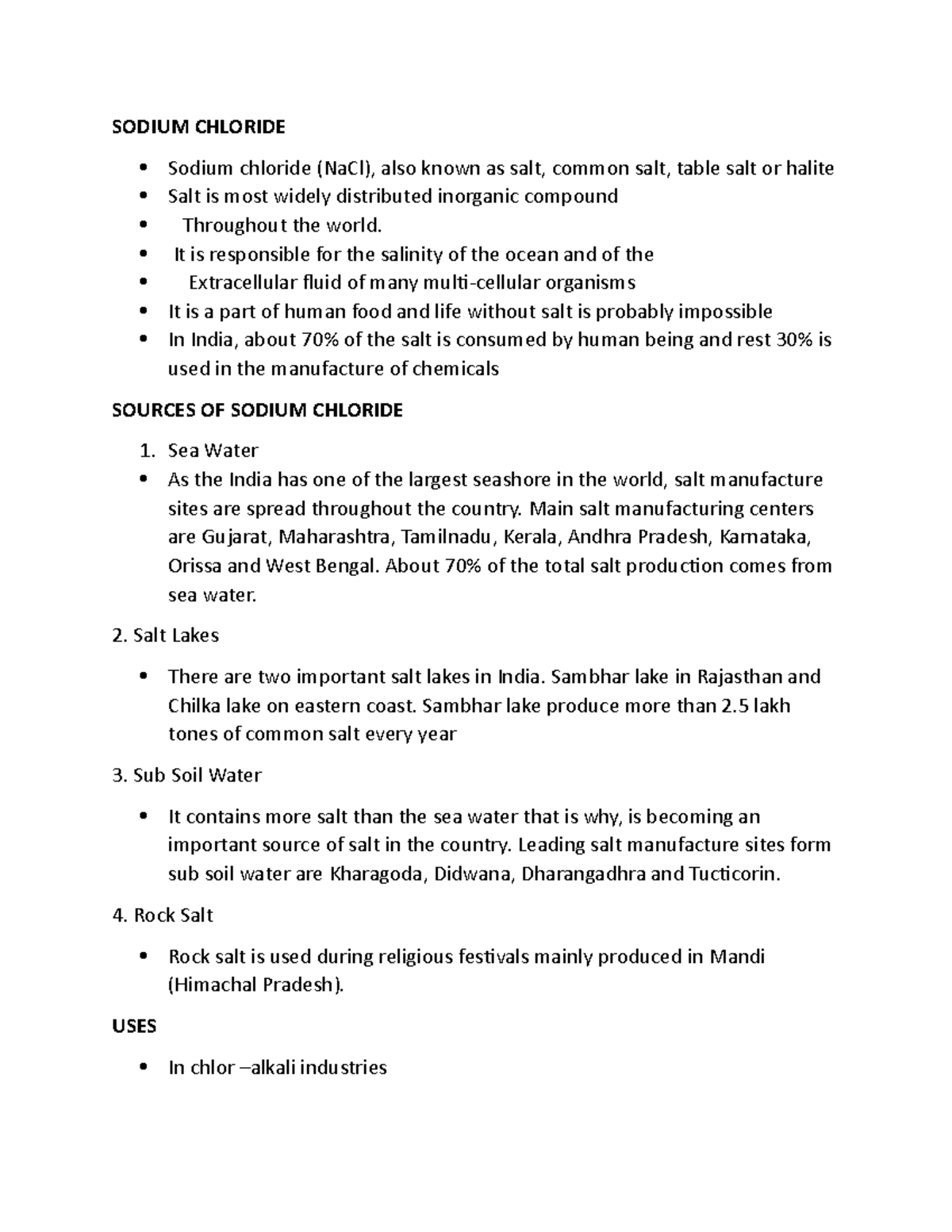 Sources and Uses of Sodium Chloride - Overview and Key Aspects - Studocu