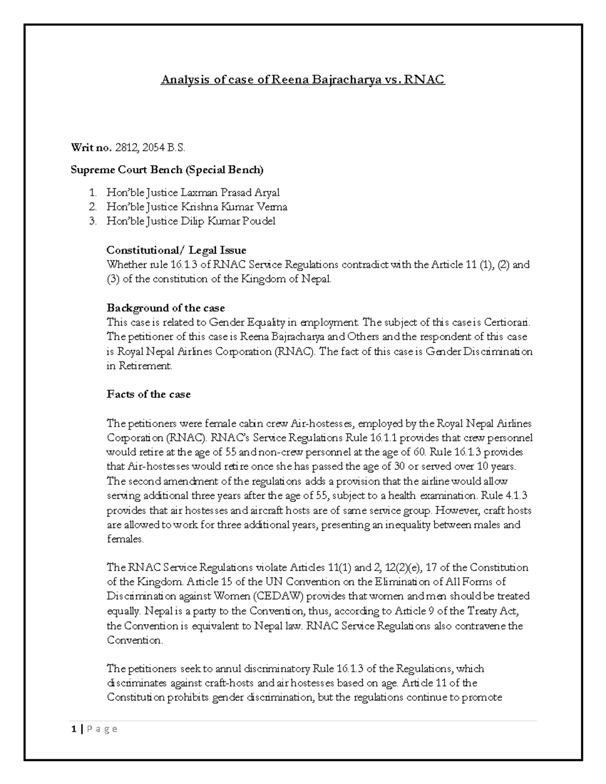 Analysis of Reena Bajracharya vs. RNAC: Gender Equality Case Study ...