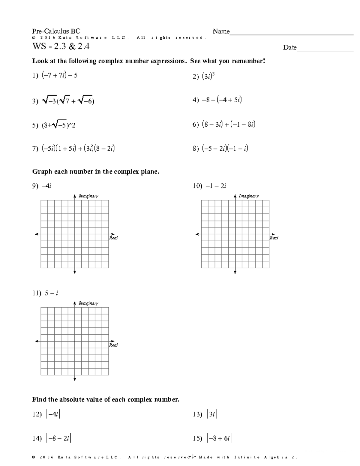 WS - 2.3 & 2.4 - Practice Problems on Complex Numbers - Studocu
