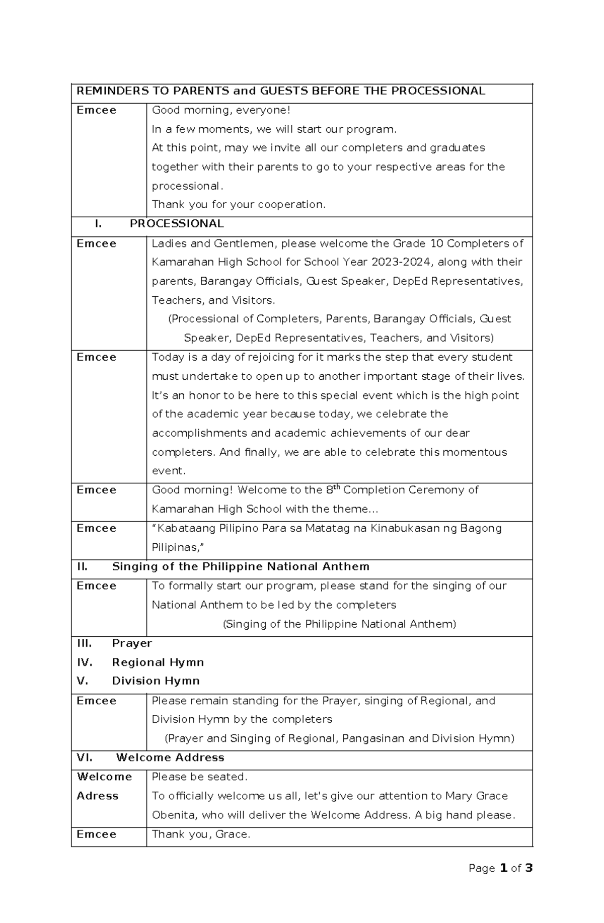 2023- Graduation- Script - Copy - REMINDERS TO PARENTS and GUESTS ...