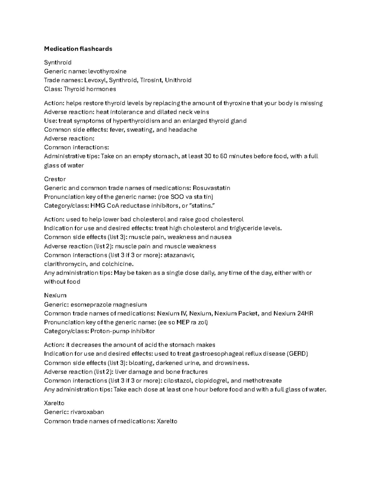 Medication Flashcards: Key Information on Various Drugs - Studocu