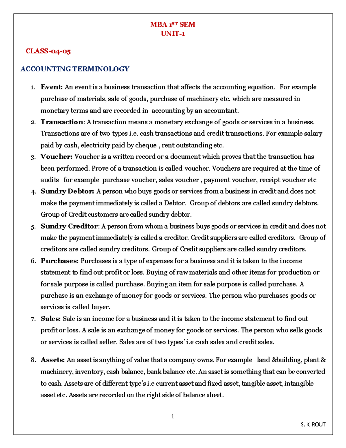 MBA 1ST SEM ACCOUNTING TERMINOLOGY NOTES - Studocu