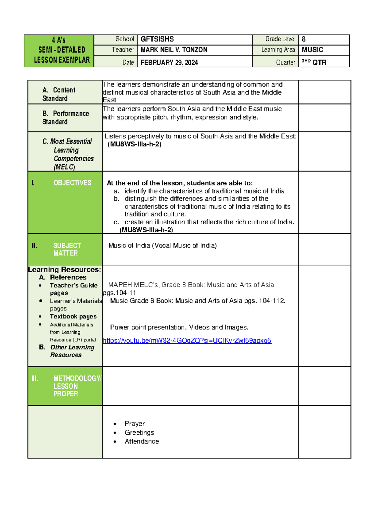 Lesson Plan in Music: Exploring India's Vocal Traditions (Grade 8 ...