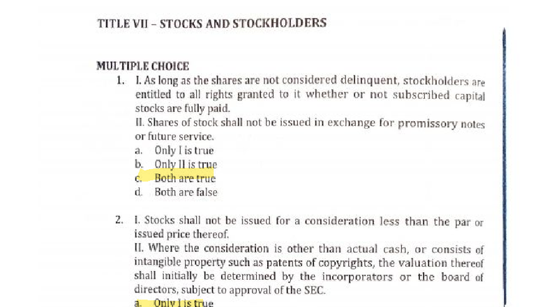 TITLE VII: Stocks and Stockholders MCQs for Exam Review - Studocu