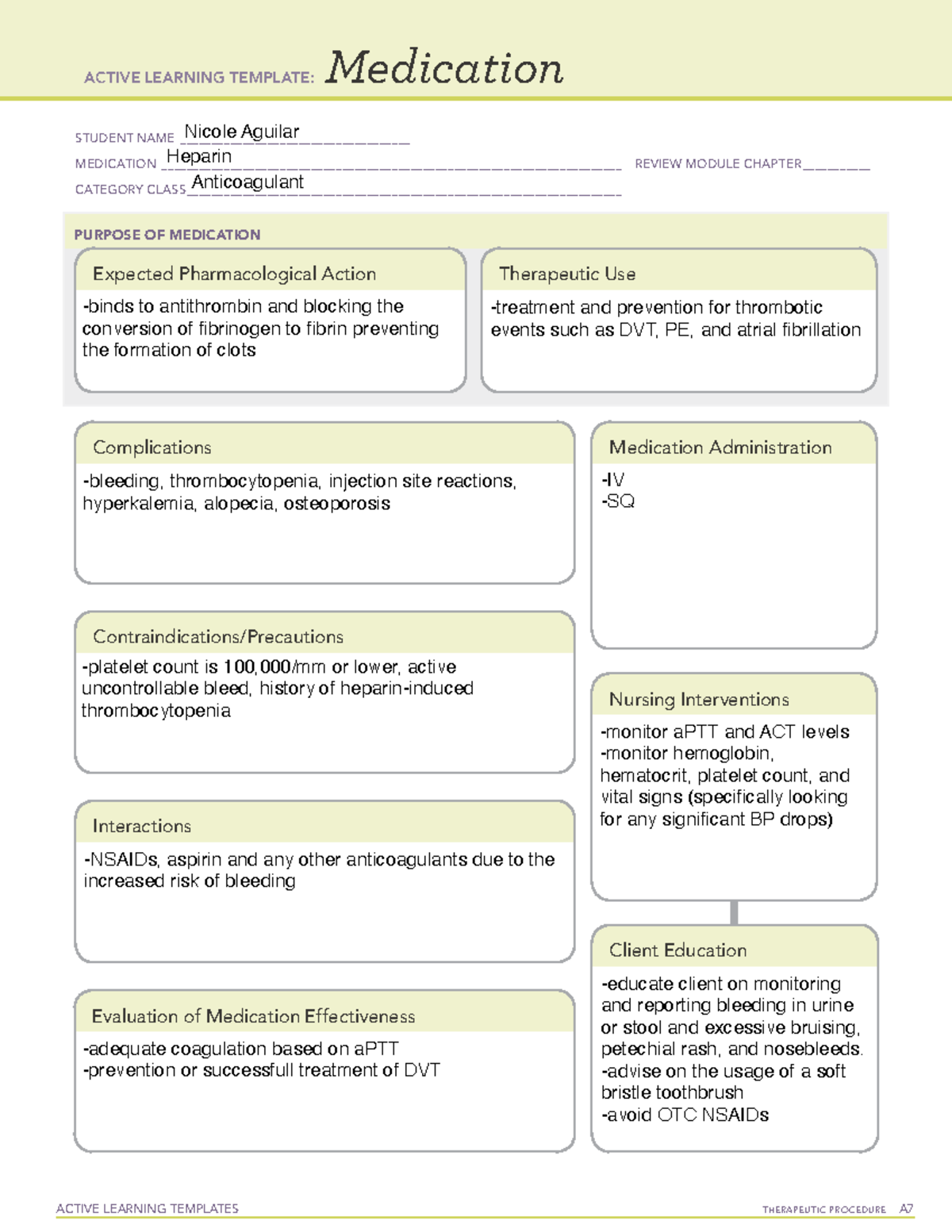 ATI medication Template Heparin - ACTIVE LEARNING TEMPLATES THERAPEUTIC ...