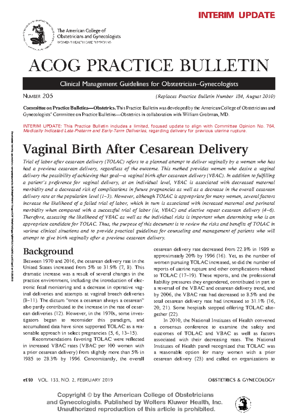 ACOG Practice Bulletin No. 205: TOLAC Guidelines and Considerations ...