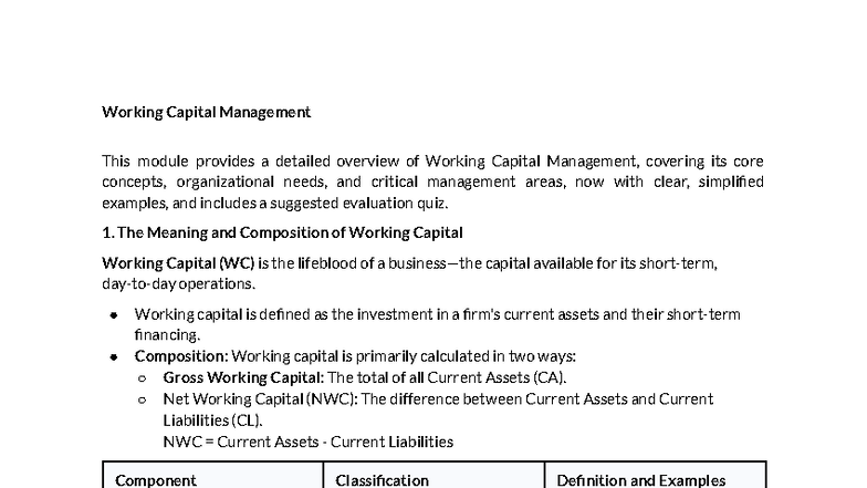 Working Capital Management Overview and Evaluation Quiz - Studocu
