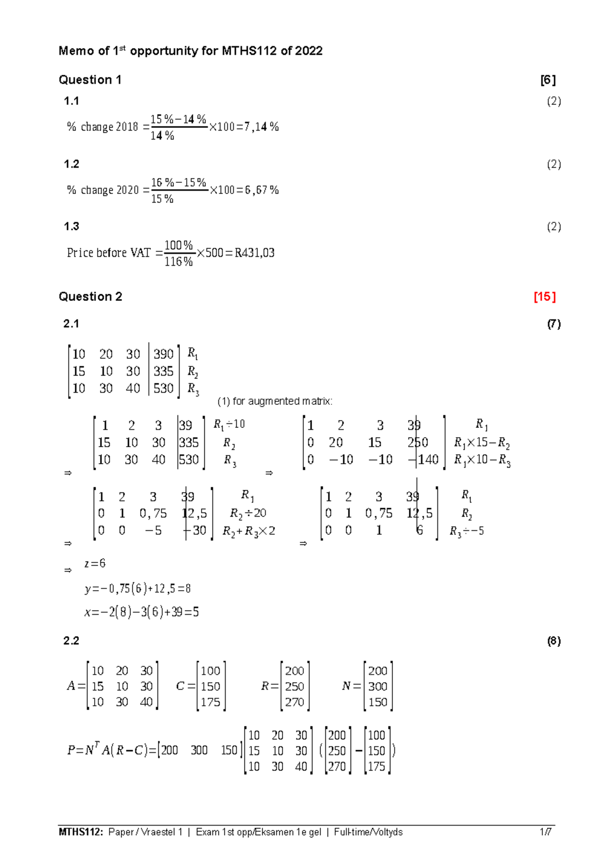 MTHS112: 2022 1st Exam Memo with Solutions and Calculations - Studocu