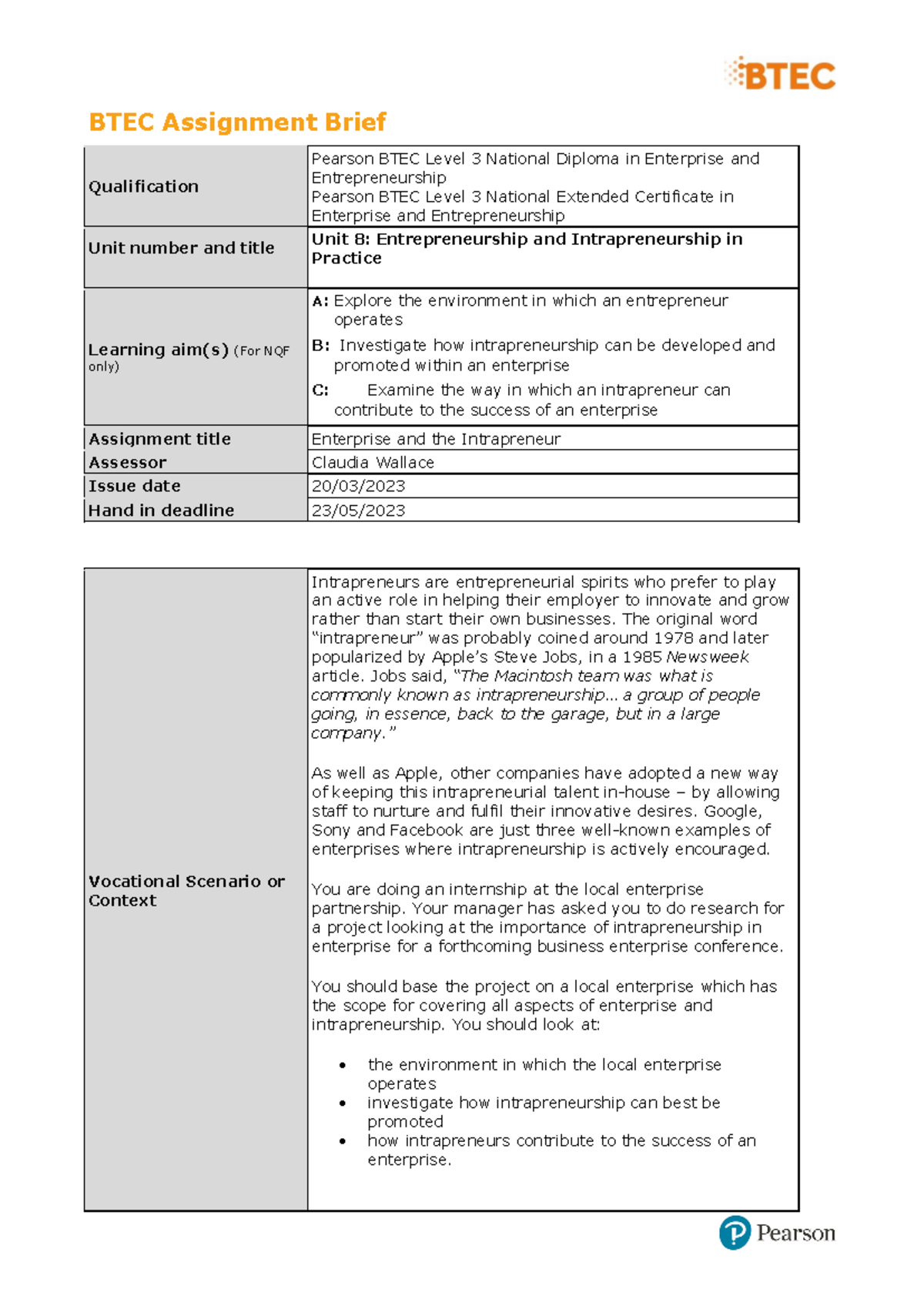 Unit-8 Learning-aims-A-B-and-C - BTEC Assignment Brief Qualification Pearson BTEC Level 3 ...