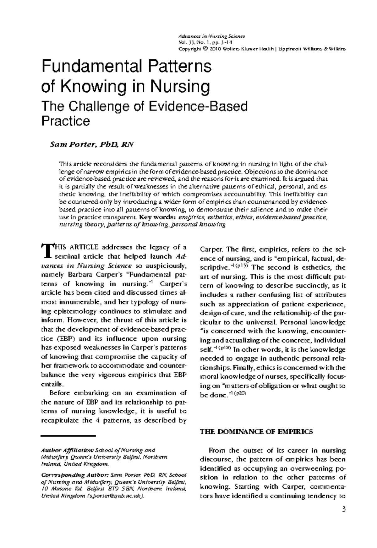 Fundamental Patterns of Knowing in Nursing: EBP Challenges and Insights ...
