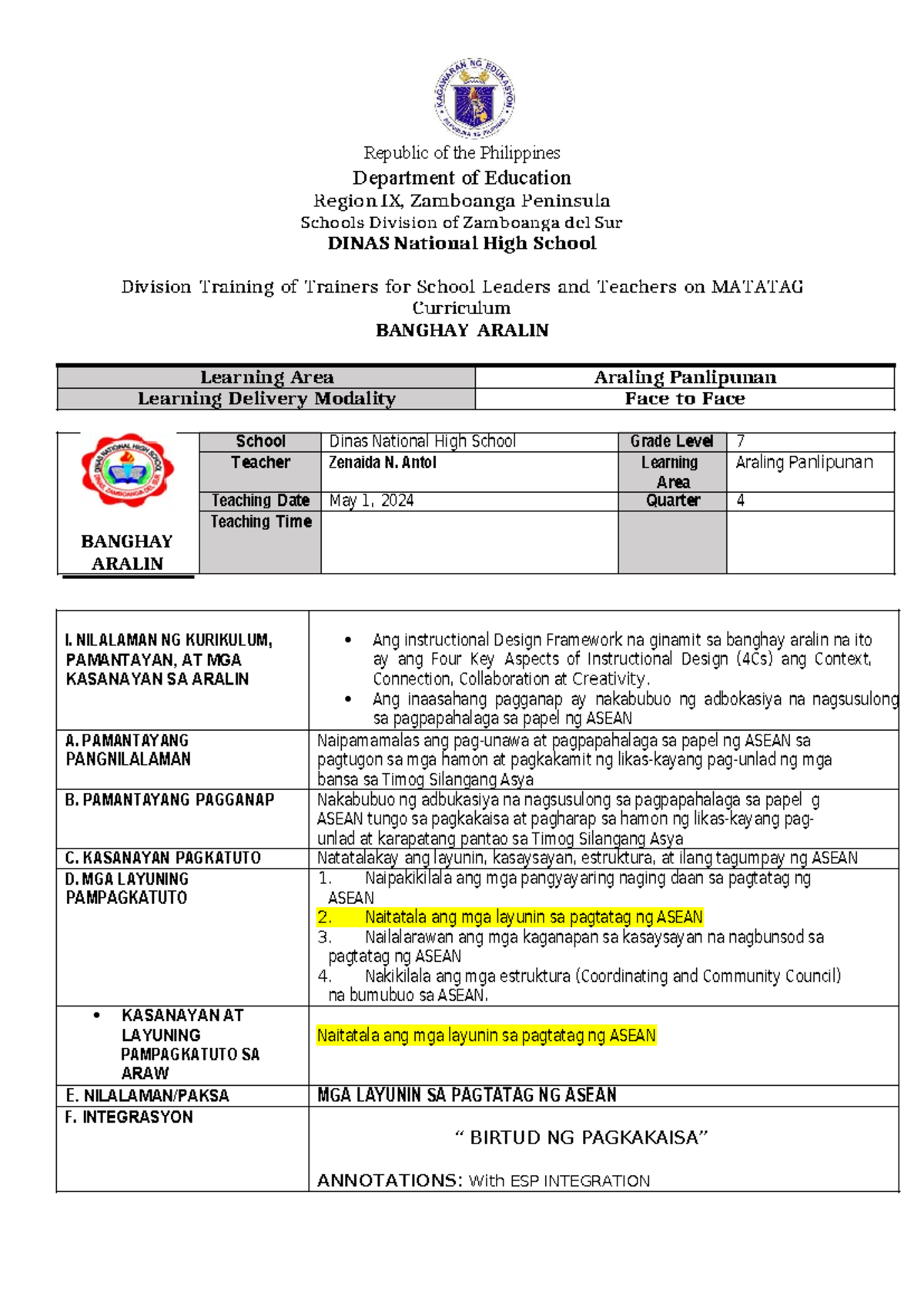 Lesson Exemplar for Grade 7 Araling Panlipunan: MATATAG Curriculum ...