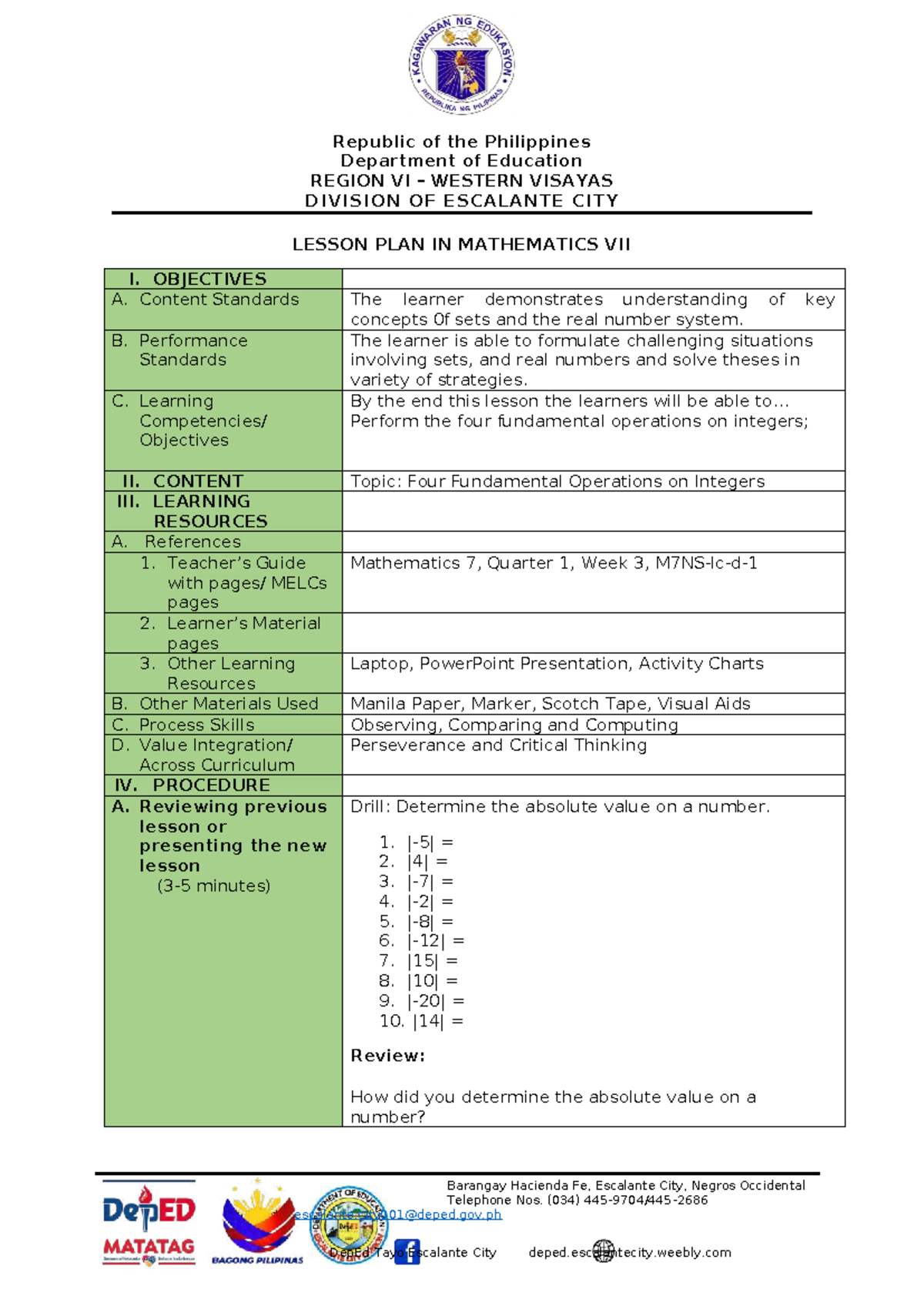 Mathematics 7 Lesson Plan: Four Fundamental Operations on Integers ...