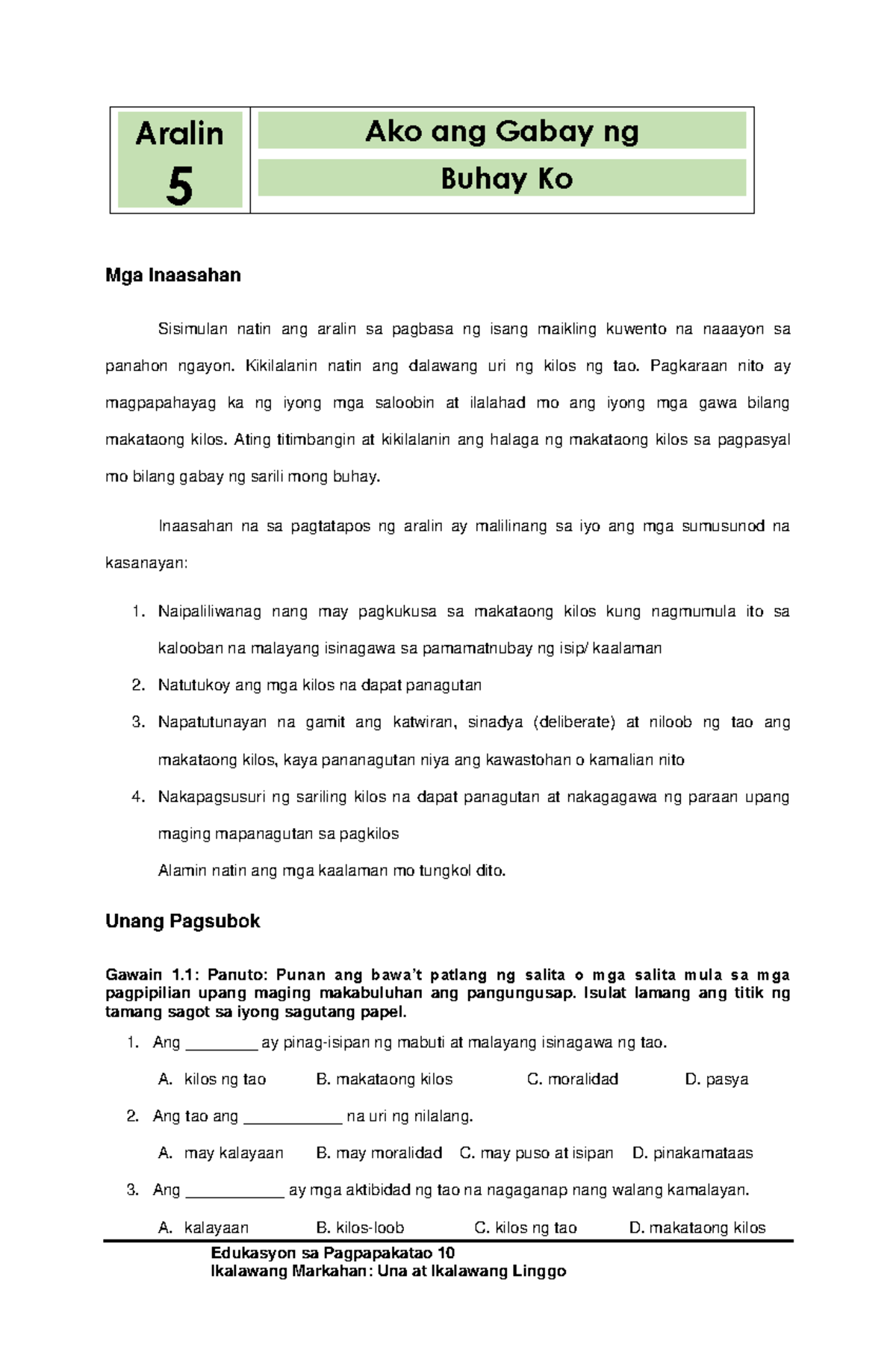 ESP 10 Q2 Weeks 1-2 - esp module for quarters 1 and 2. - Edukasyon sa ...