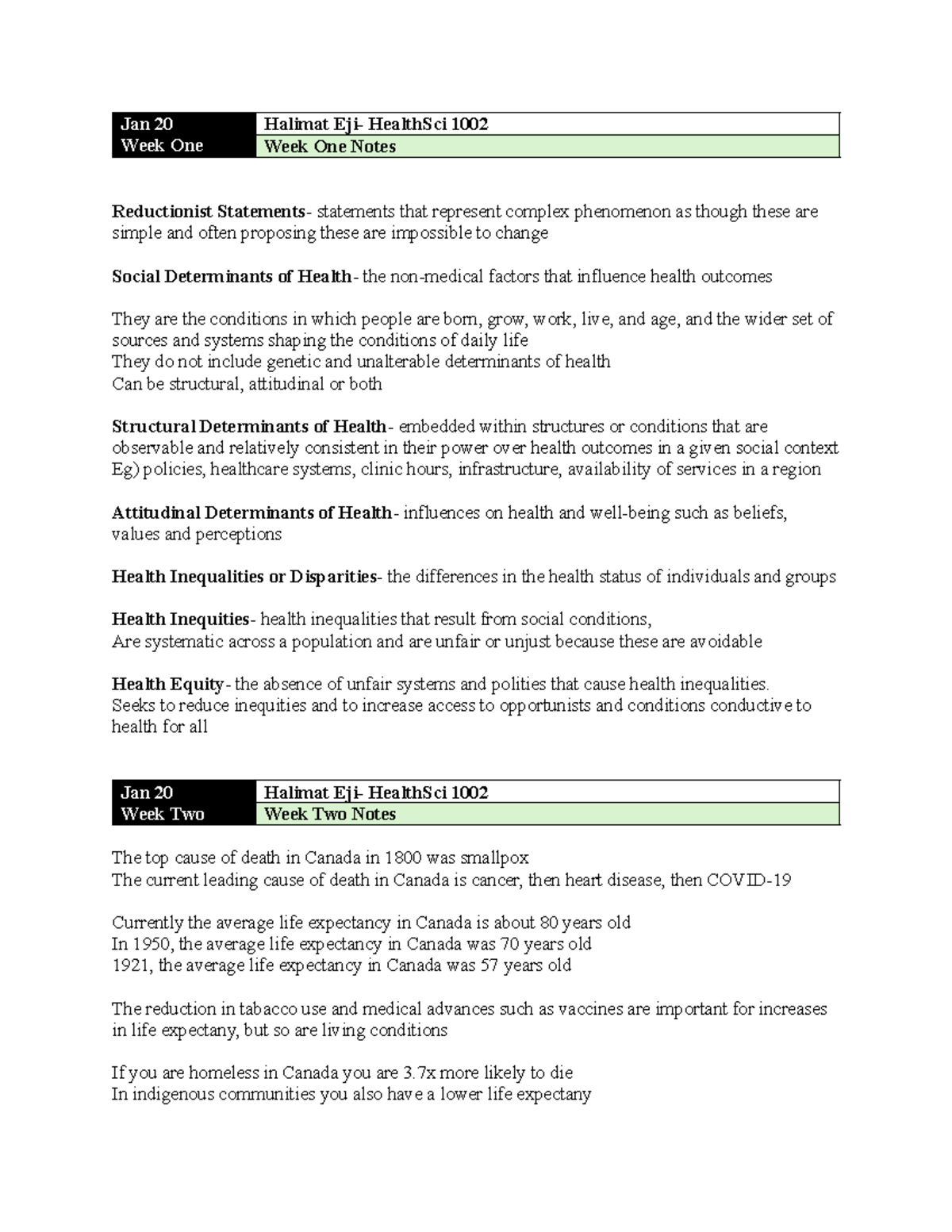 HealthSci 1002B Lecture Notes: Week 1 & 2 Insights on Health ...