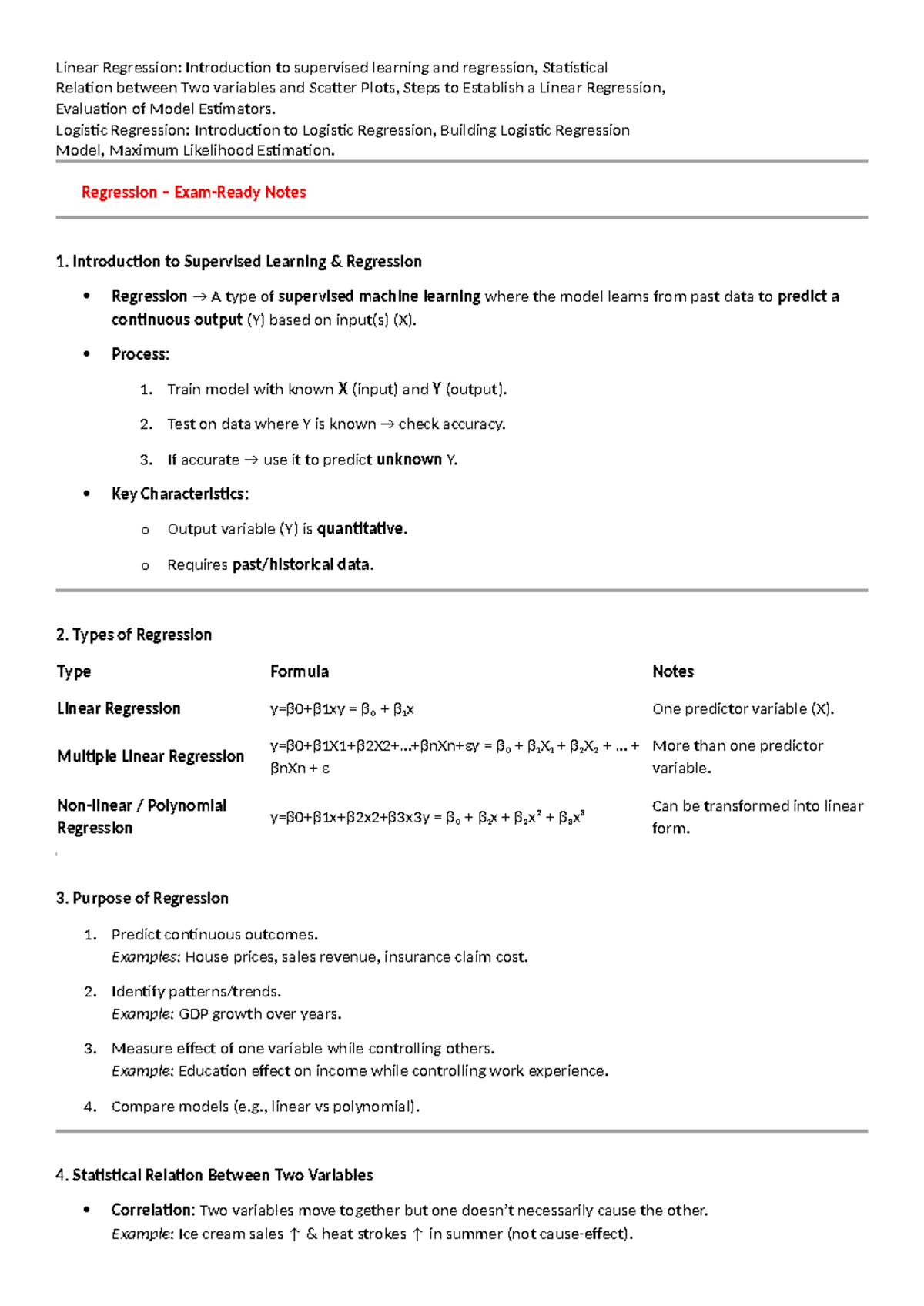 Regression and Logistic Regression Notes (Course Code: ML101) - Studocu