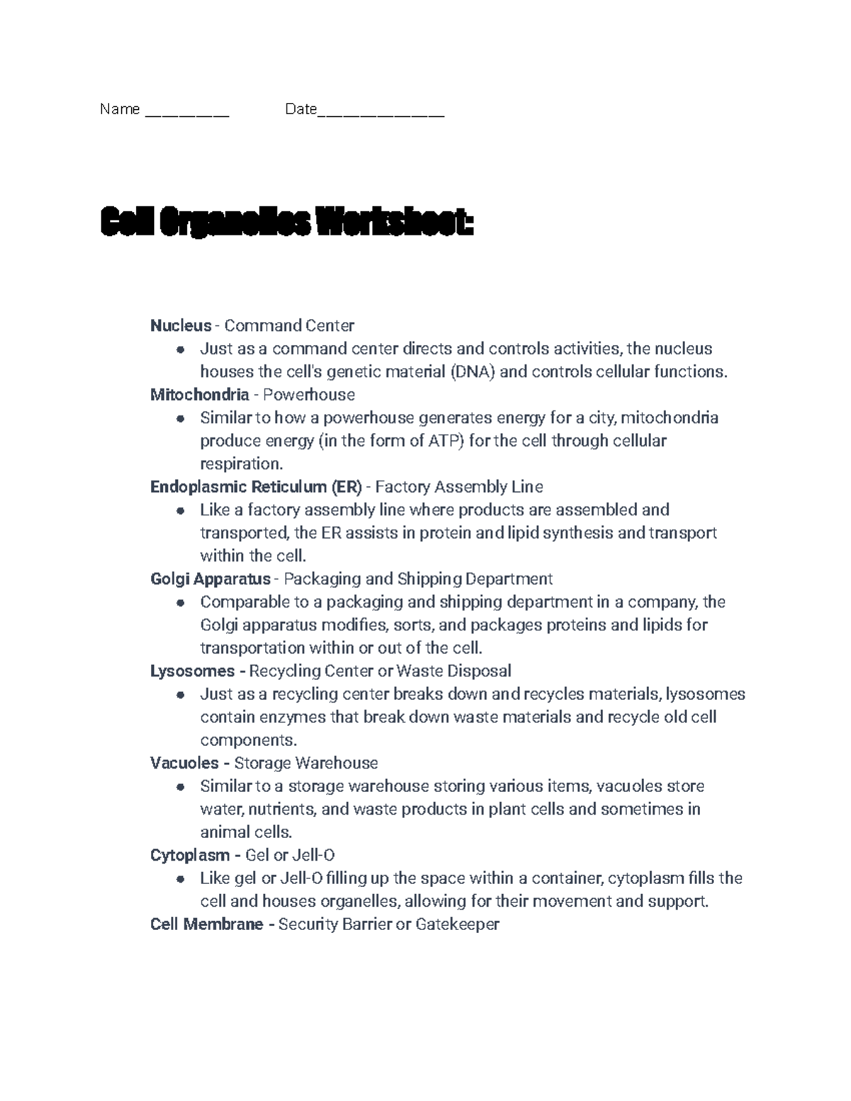 Cell Organelles Analogies Worksheet: Key Functions Explained - Studocu