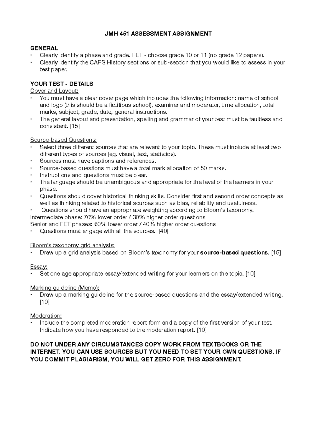 JMH 451 Assessment Assignment Guidelines for FET Grade 10/11 - Studocu
