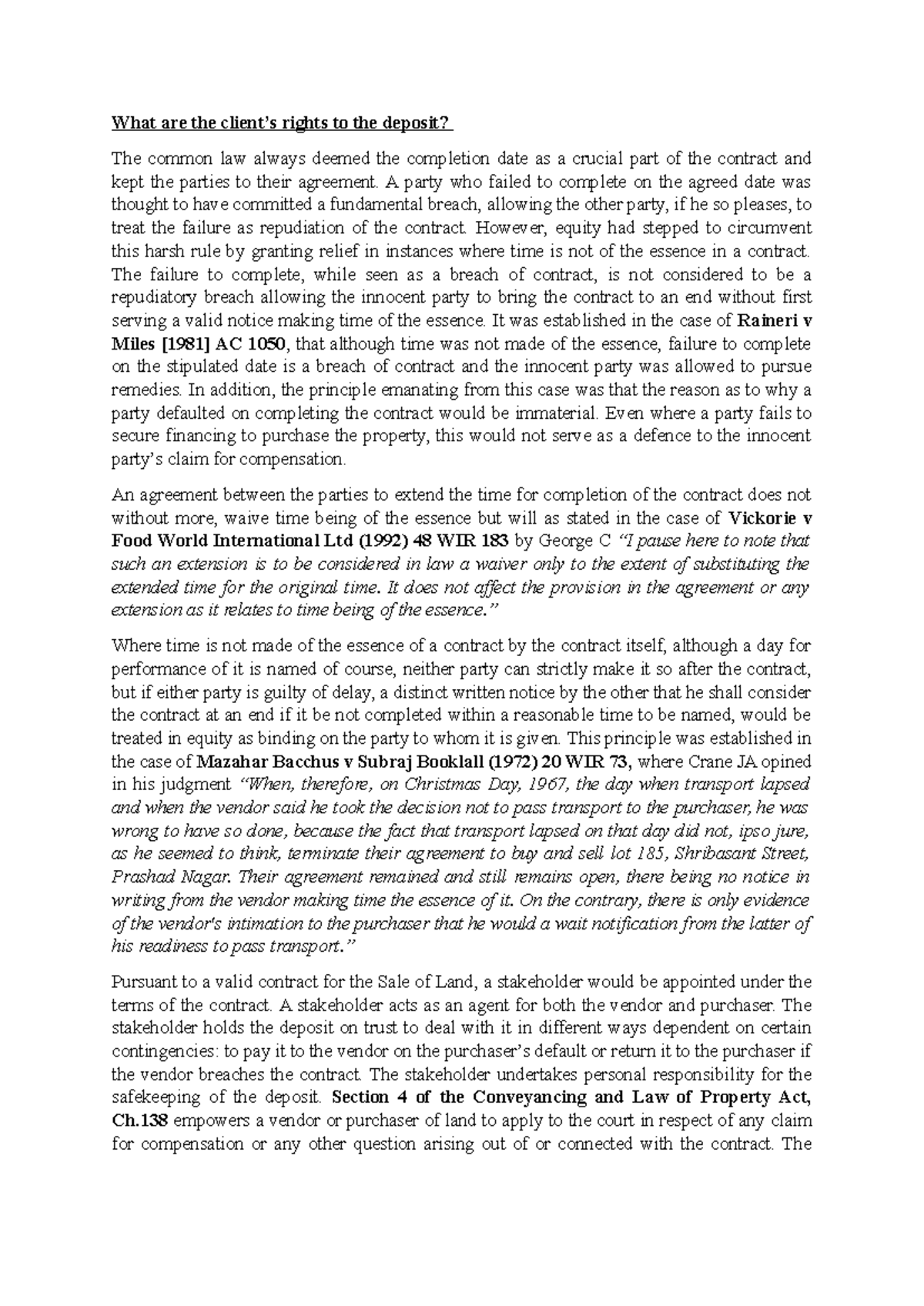 Conveyancing Assignment #2: Rights to Deposit and Contractual ...