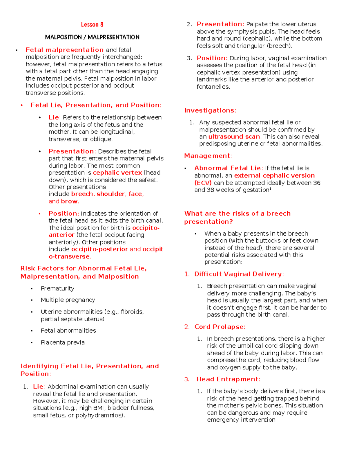 Lesson 8: Fetal Malpresentation & Malposition Insights - Studocu