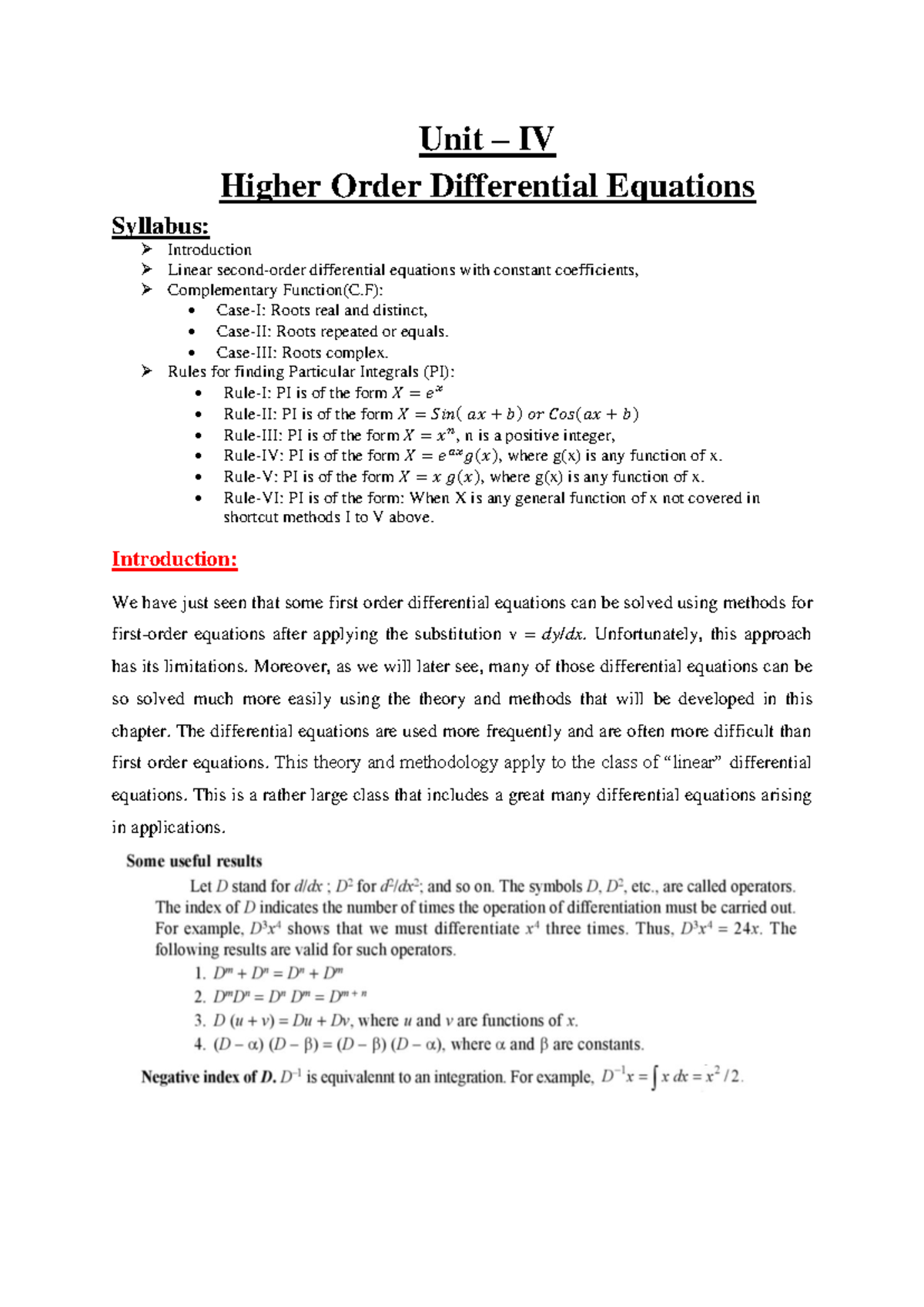 Unit IV: Higher Order Differential Equations Syllabus Update - Studocu
