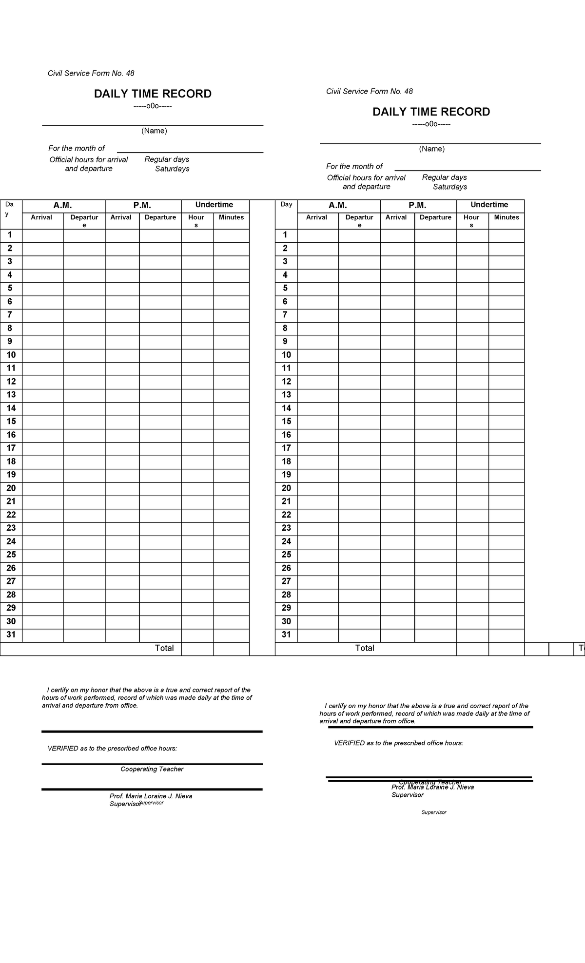 DTR OJT - Daily Time Record Submission for Civil Service Form No. 48 ...