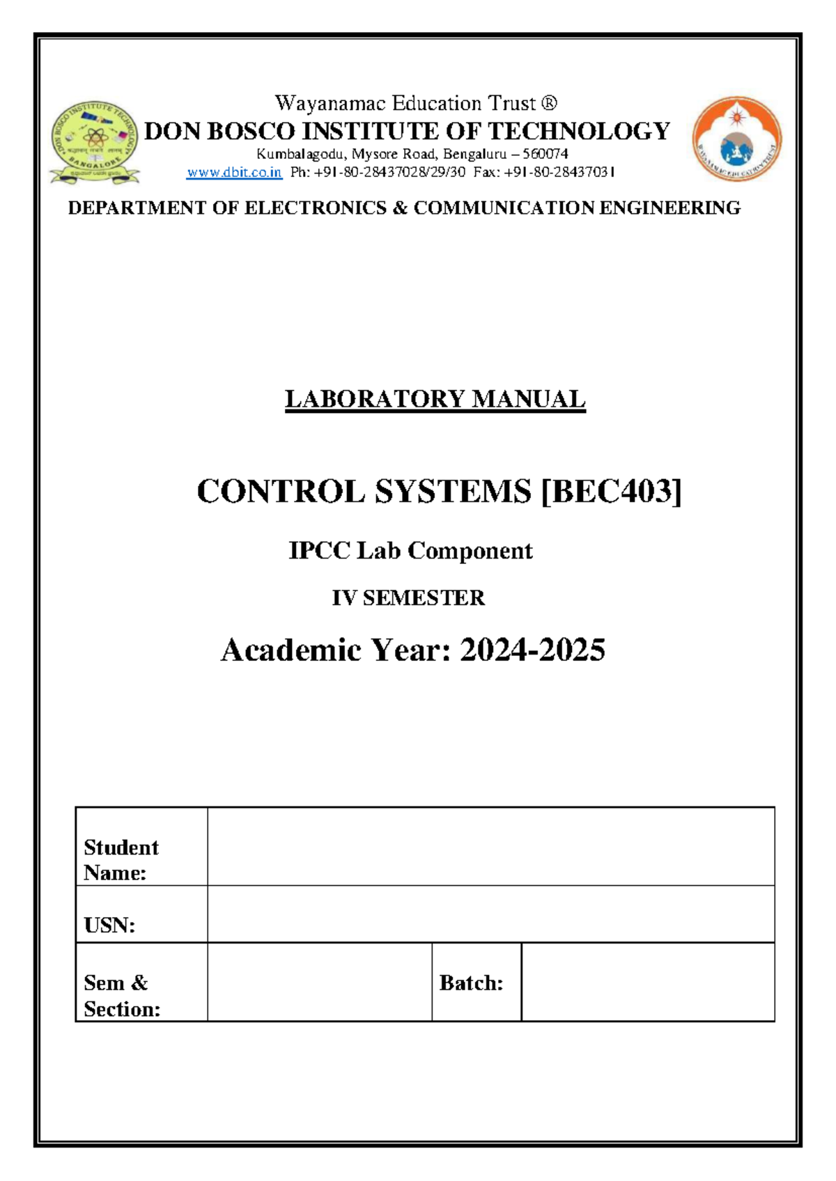 Control System Lab Manual BEC403 for IV Semester 2024-25 - Studocu