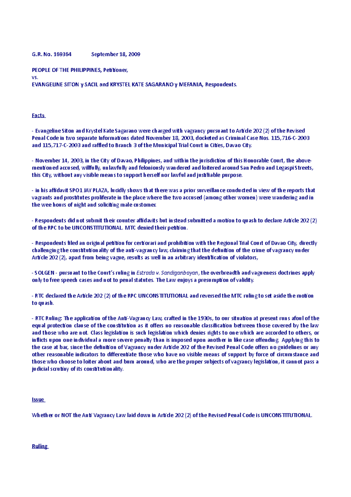 Case Digest: People v. Siton (G.R. No. 169364) - Unconstitutionality of ...