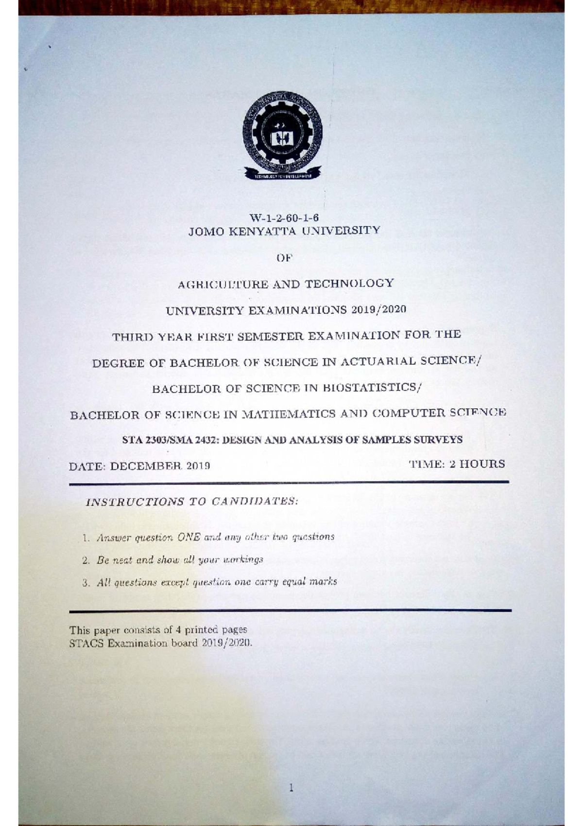 STA 2432: Design & Analysis of Sample Surveys - Exam Paper - Studocu