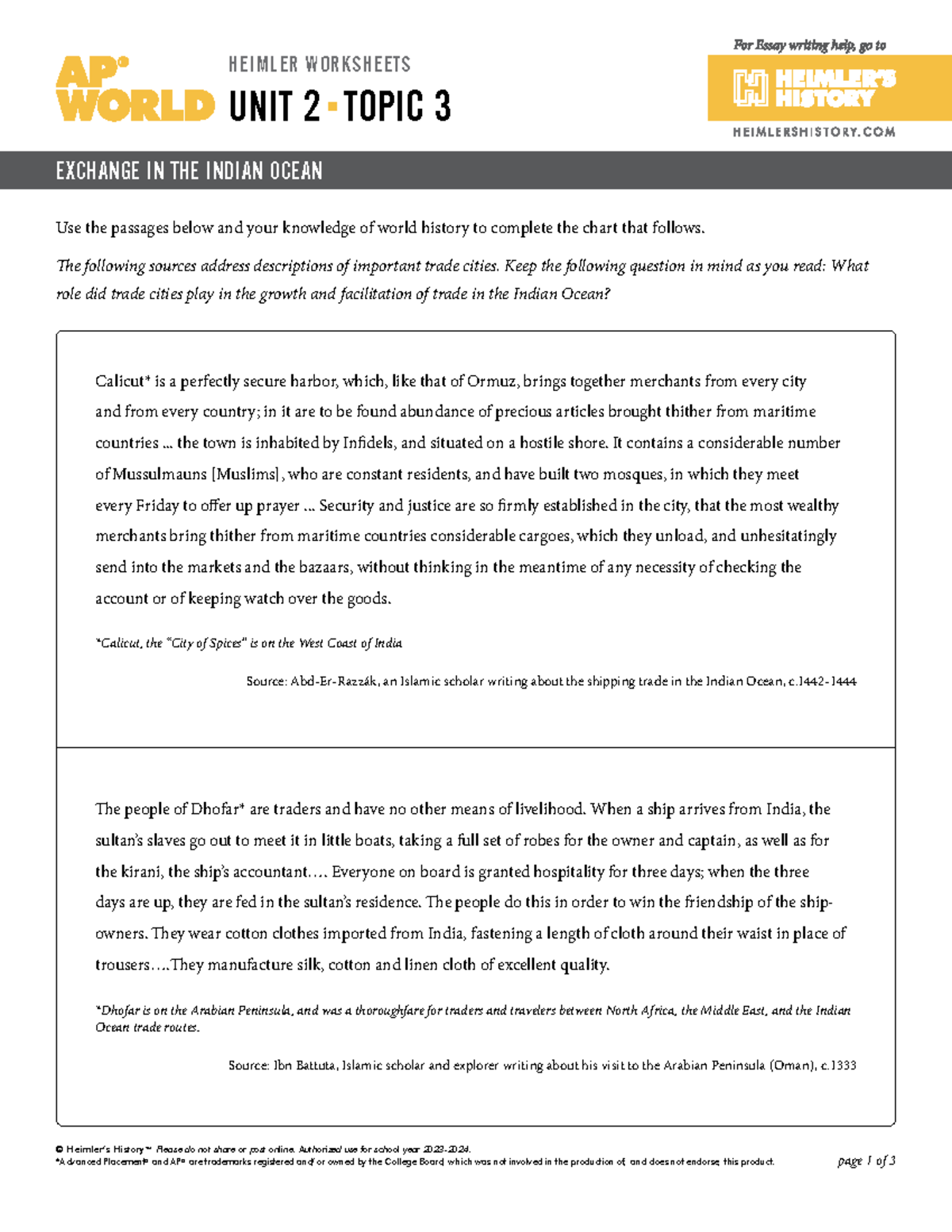 AP World Hist Unit 2 Topic 3: Worksheets on Indian Ocean Exchange - Studocu