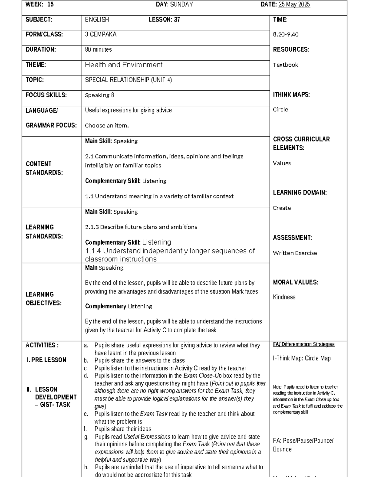 Week 15 English Lesson Plan: Special Relationships & Skills Development ...