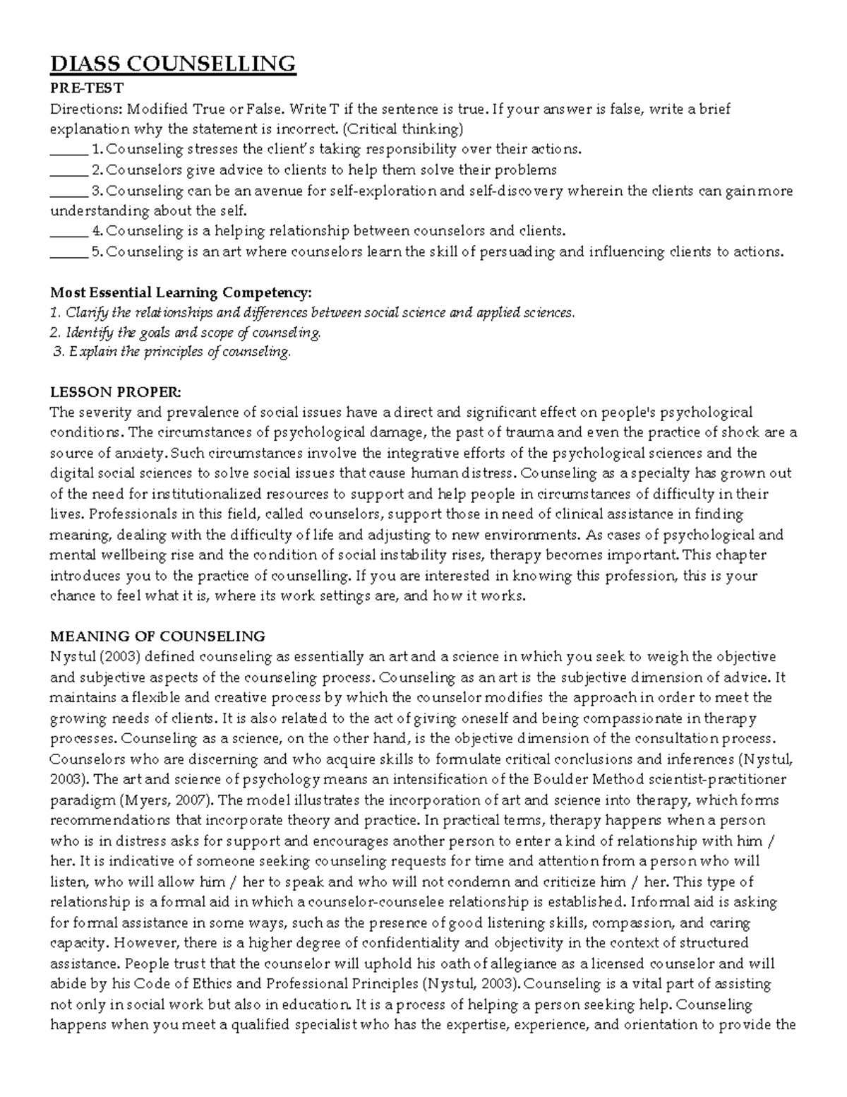DIASS 3RDQ Counseling: Modified True or False Review Notes - Studocu