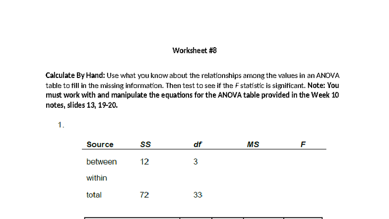 Worksheet 8: ANOVA Calculations and Significance Testing - Studocu