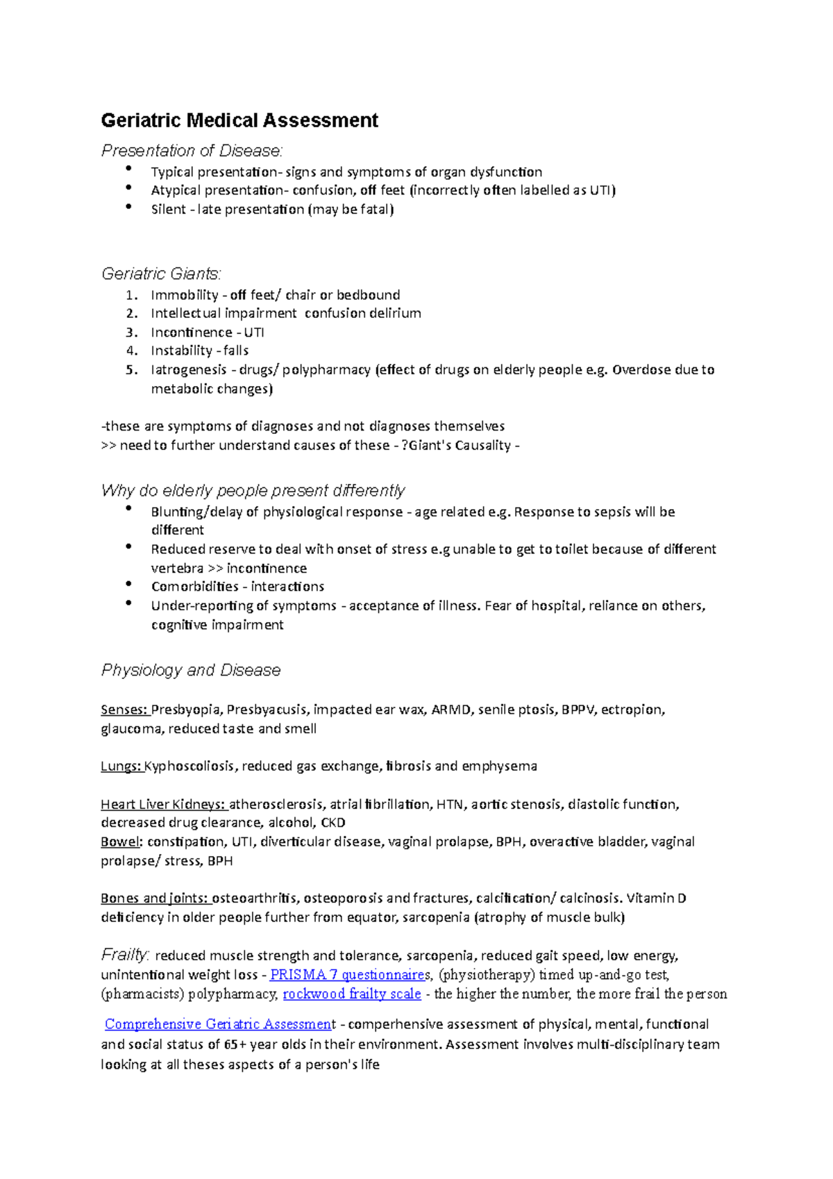 Medical Assessment - Geriatric Giants, Frailty, Physiological changes ...