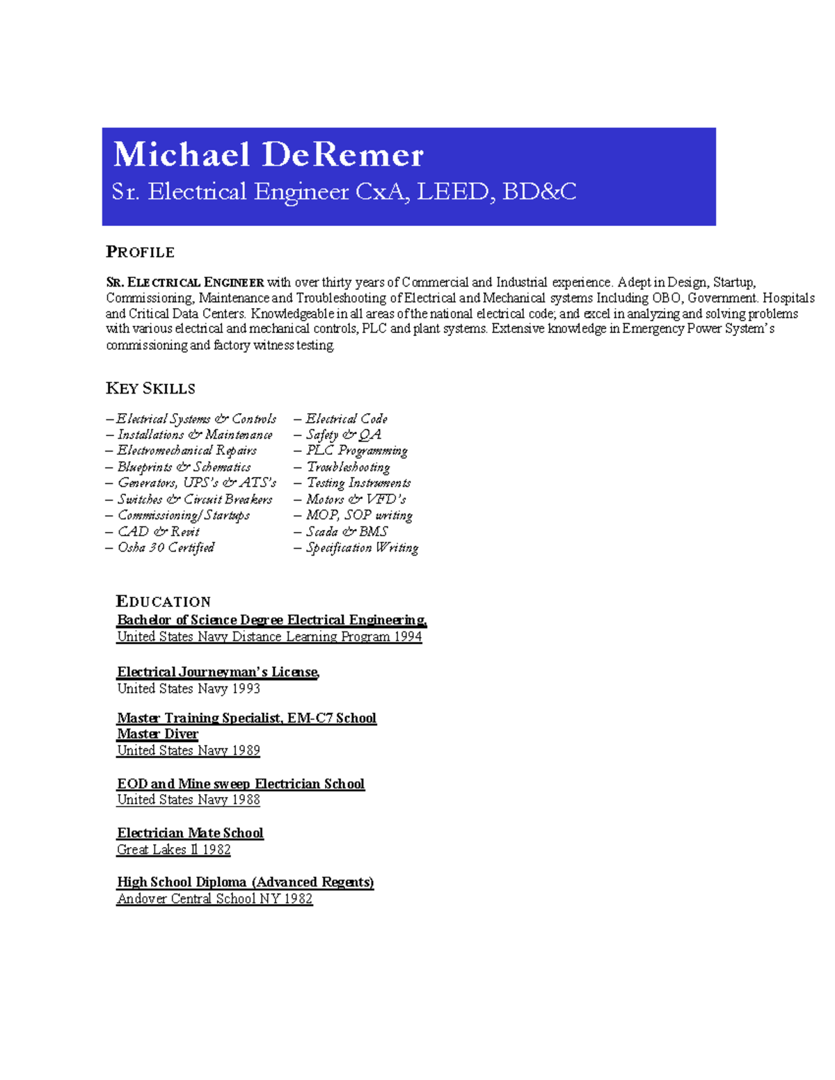 Michael De Remer resume 2-12-24 - e. Electrical Engineer CxA P ROFILE S ...