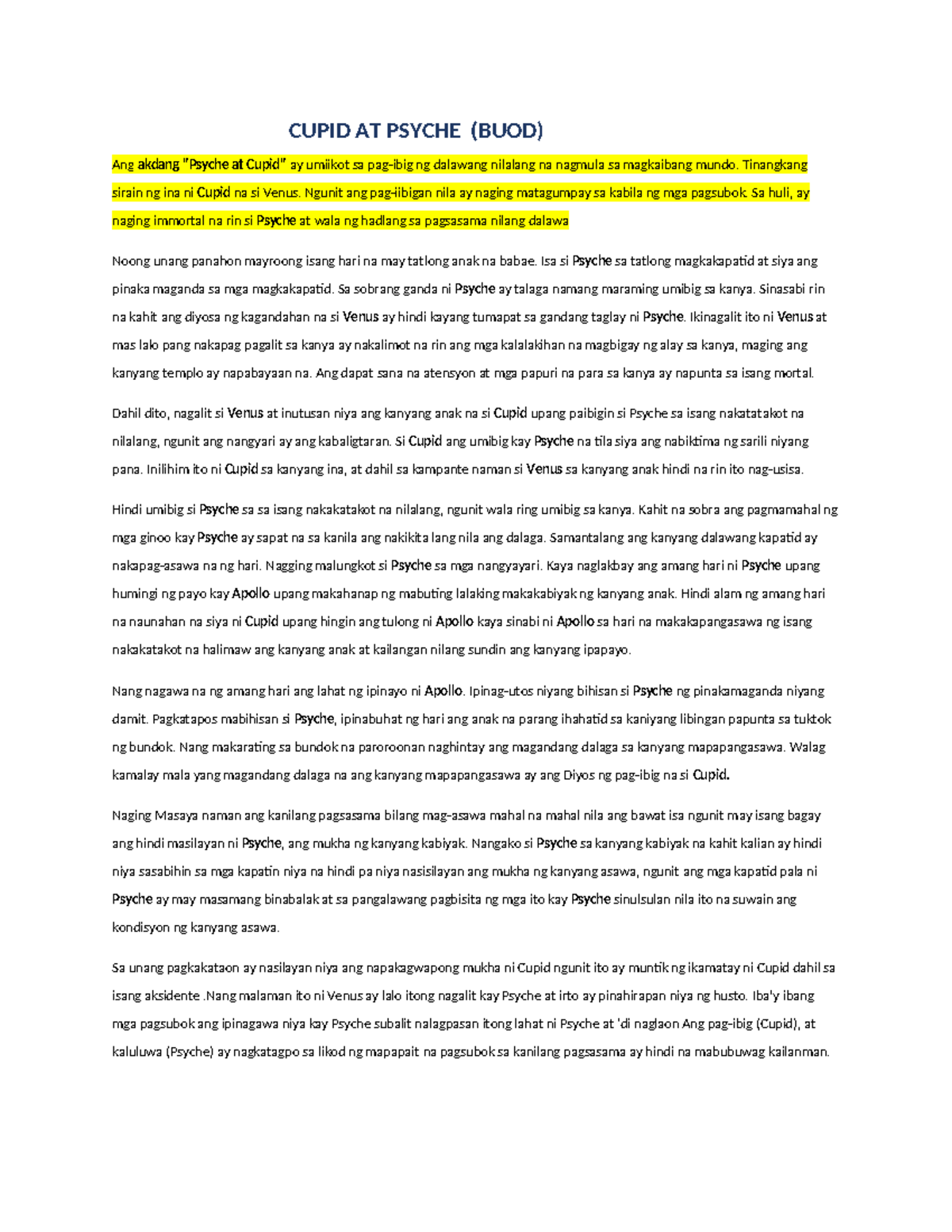 CUPID AT PSYCHE: Isang Buod ng Kwento ng Pag-ibig at Pagsubok - Studocu