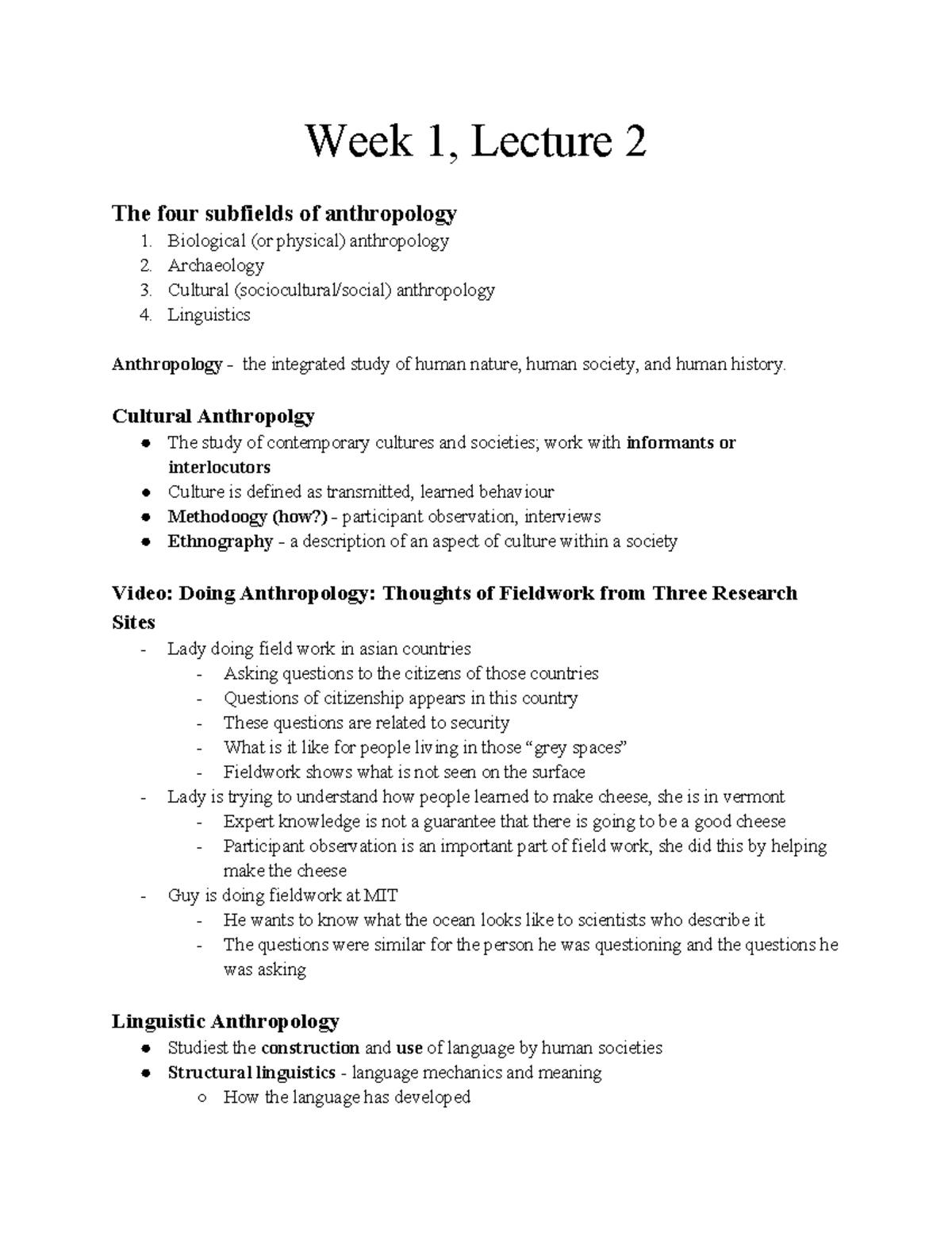 Anthro 101: Lecture Notes on Anthropology's Subfields and Gender - Studocu