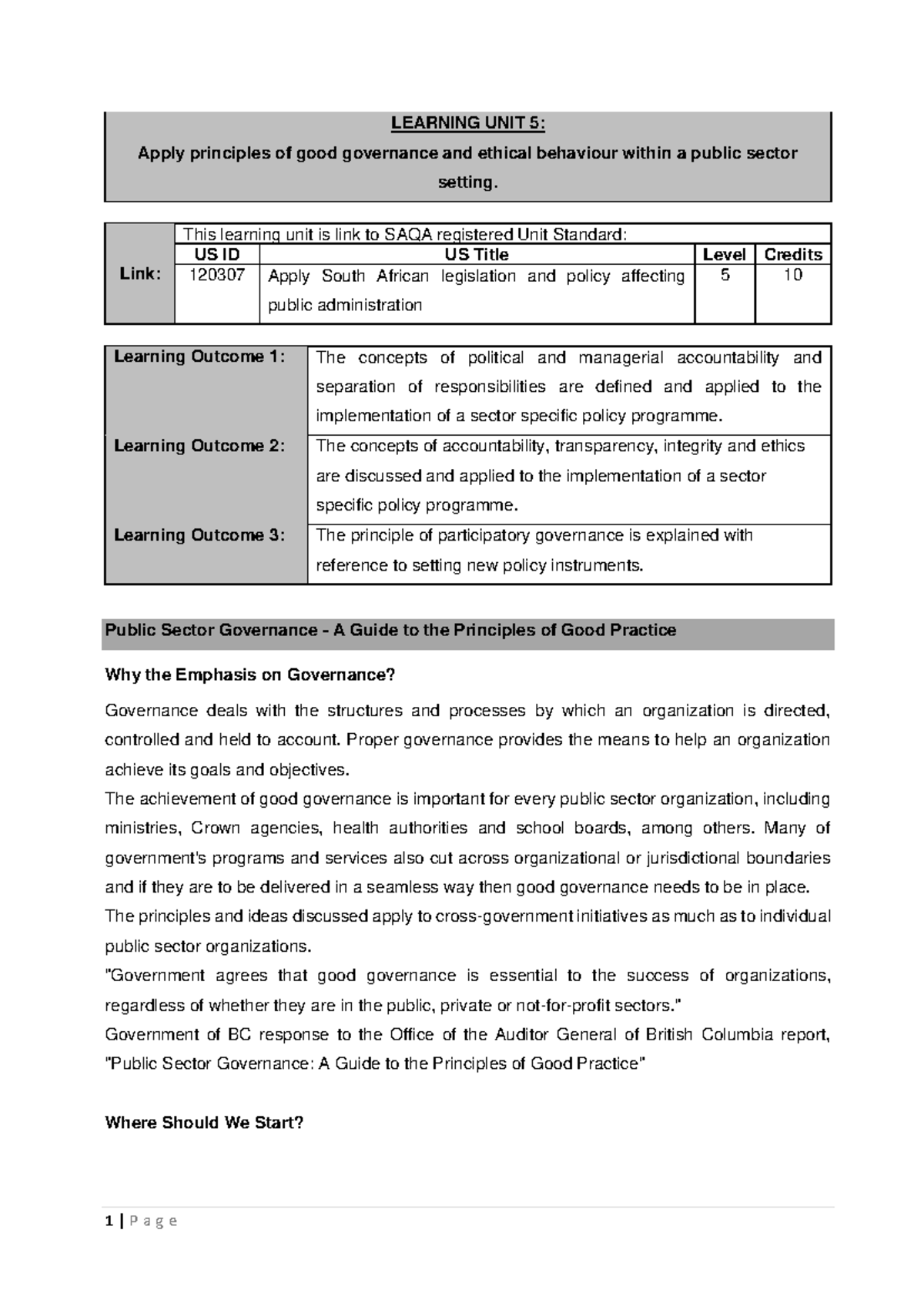 Good Governance and Ethical Behavior in Public Sector Settings (US ID ...