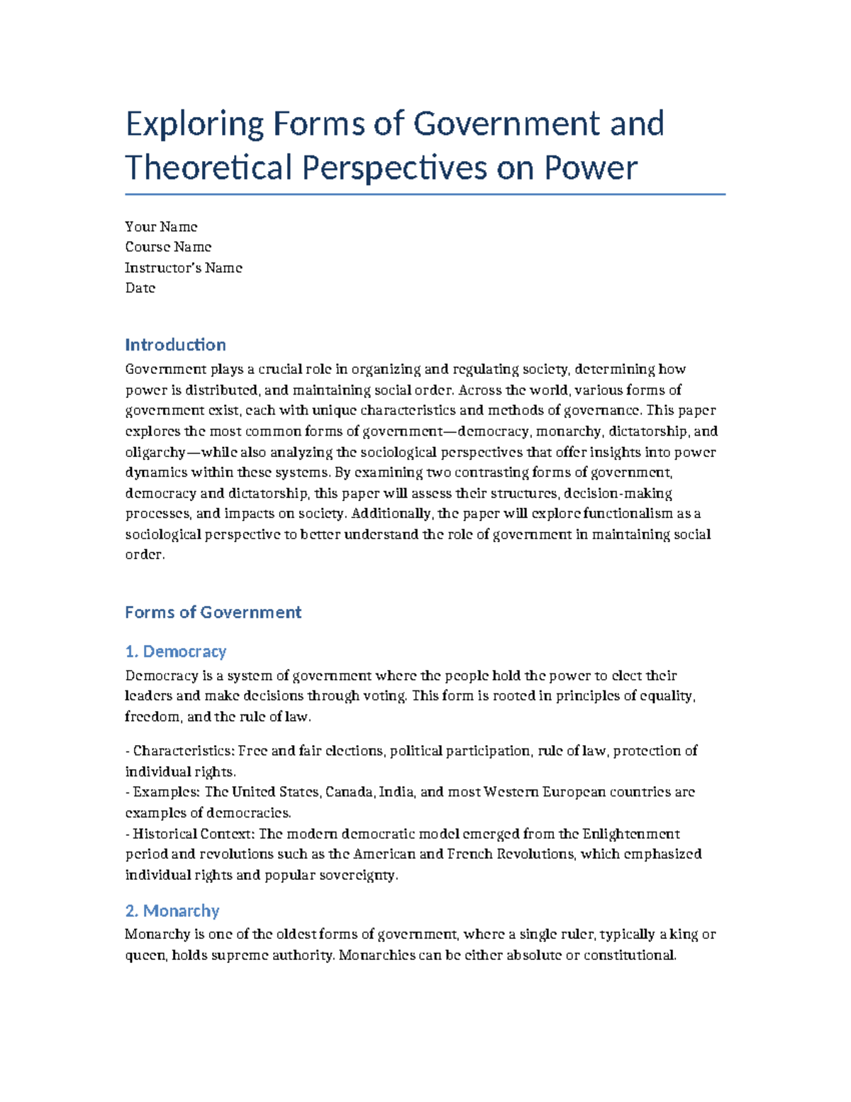 Exploring Gov. Forms & Power Theories: Assignment Activity Unit 8 - Studocu