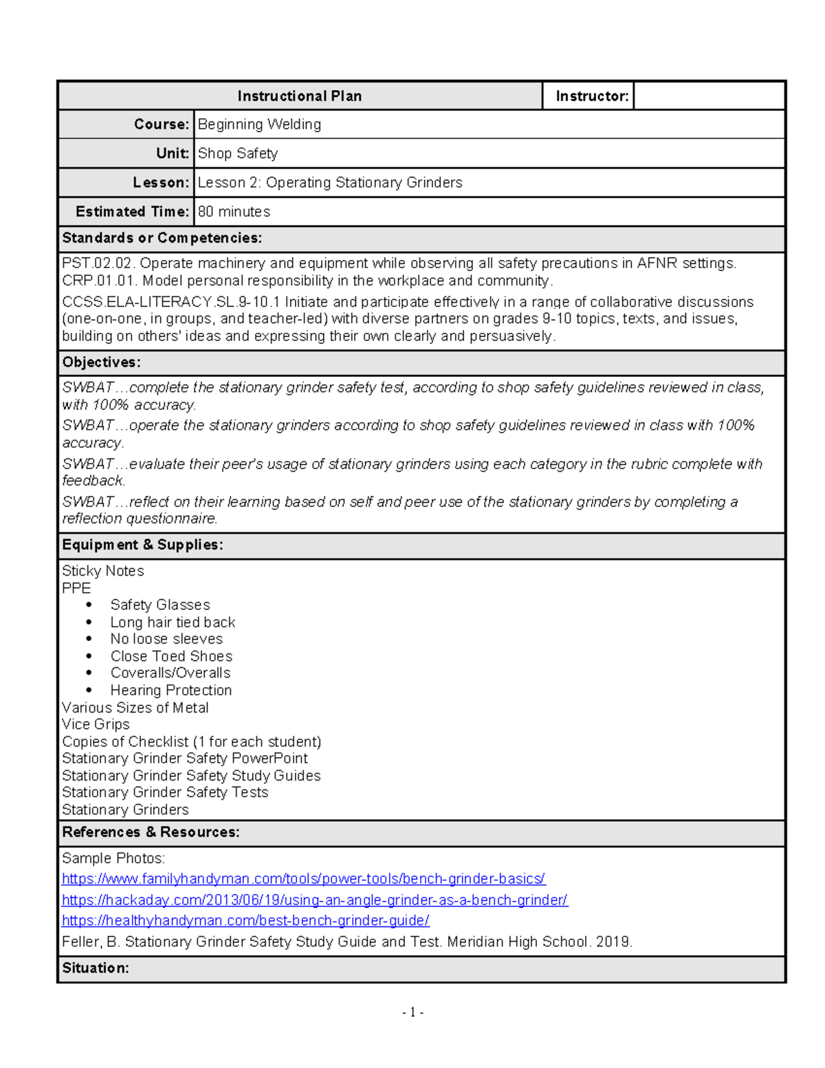 Beginning Welding Grinder Safety Lesson Plan (Unit: Shop Safety) - Studocu